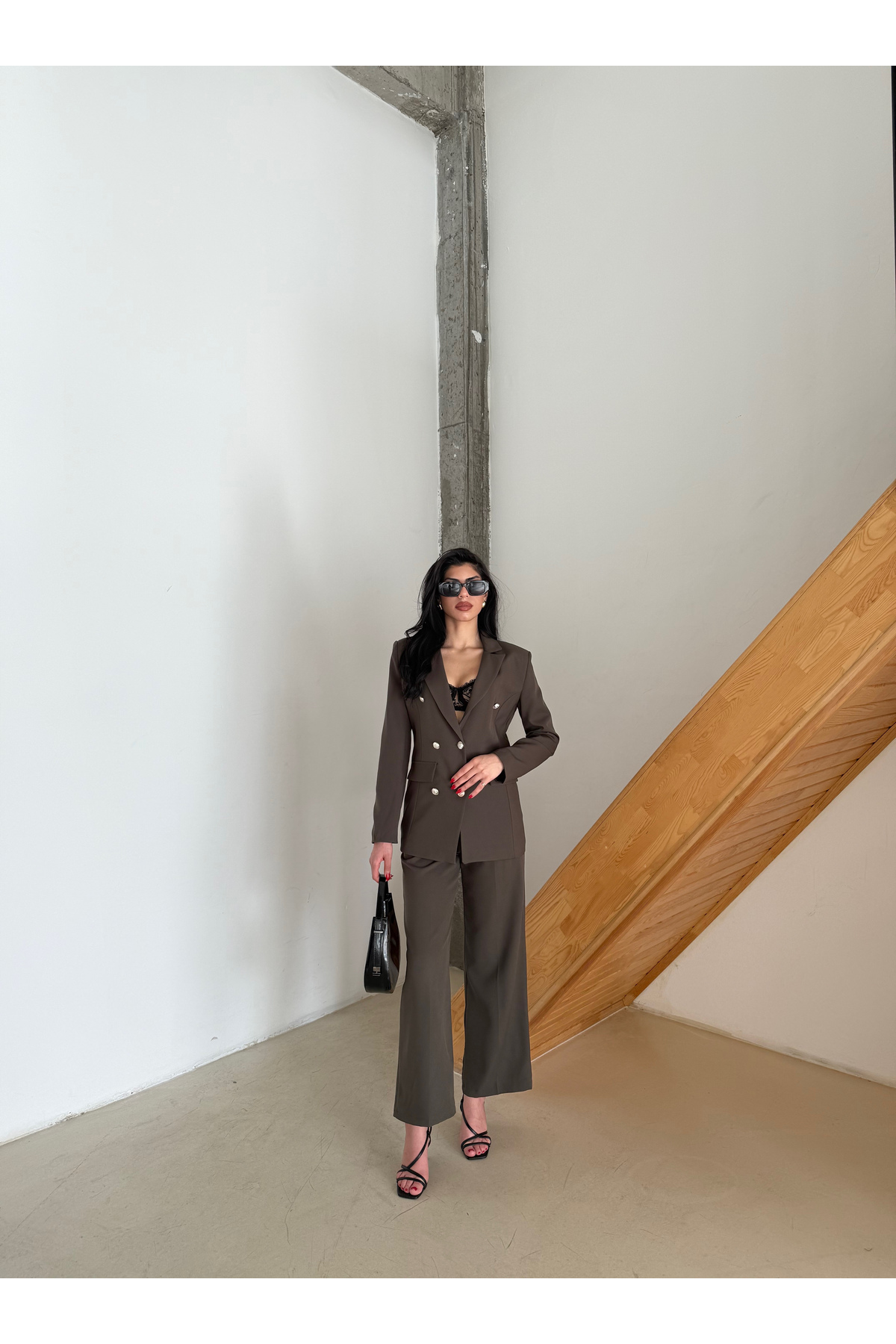 Female Clothing Haki Düğmeli Blazer Ceket Cepli Bol Pantolon Takım ...