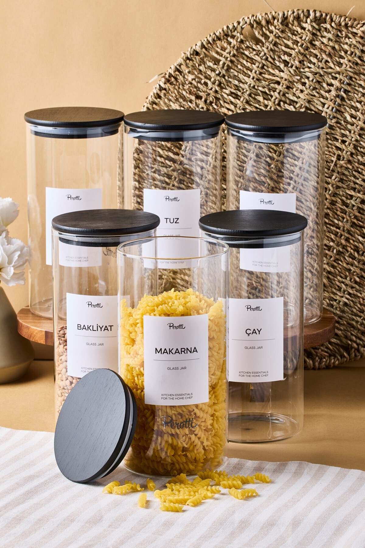 Perotti Laura 6 Lı Siyah Ahşap Kapak Cam Kavanoz 1300 ml 10x20 cm 16 ...