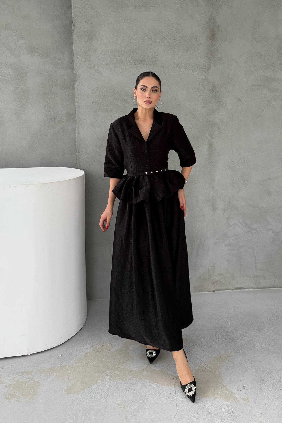 Seda Yalçın Atelier İnce Kemerli Fırfırlı Ceket ve Etek Siyah Takım ...