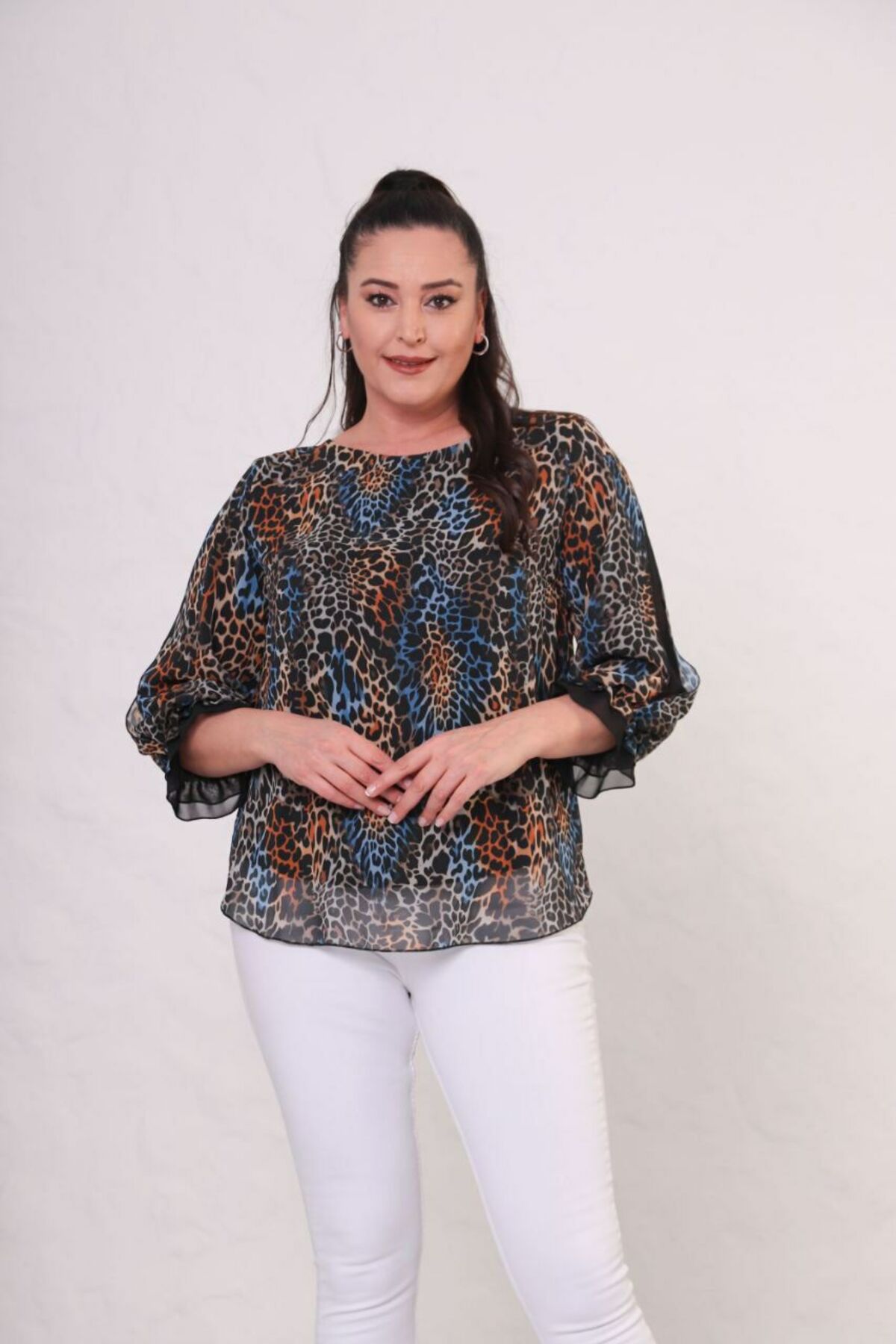 Kadın Büyük Beden önü Fırfır Detaylı Leopar Silky şifon Bluz