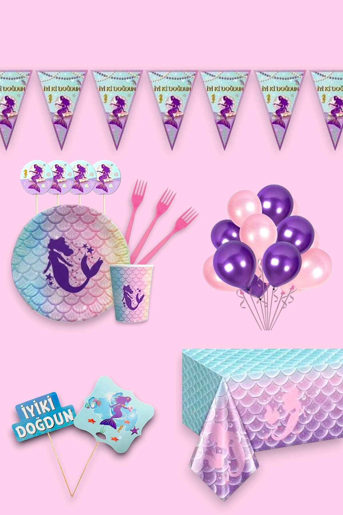 Evabrite Deniz Kızı 16 Kişilik Konuşma Balonlu Doğum Günü Parti Seti ...