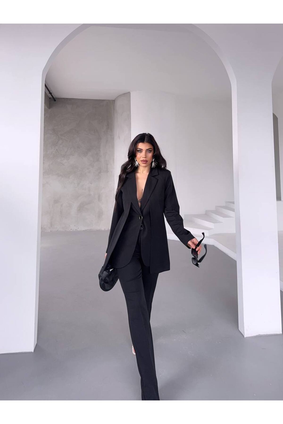 msm fashion Kadın İkili Blazer Ceket Pantolon Takım Pile ve Düğme ...