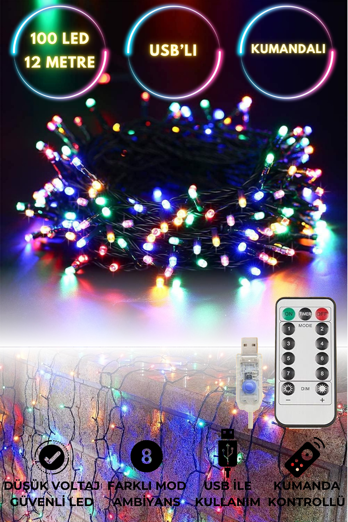 TechnoSmart 100 Ledli Usbli Kumandalı 8 Modlu Şerit Led Işık Parti ...