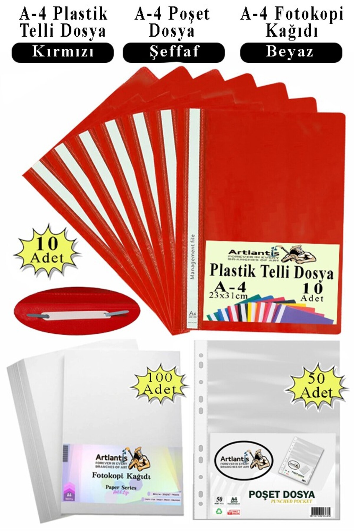 Artlantis Telli Dosya Plastik A4 10 lu Poşet Dosya 50 li A4 Fotokopi Kağıdı 100 Adet 1 Paket ...