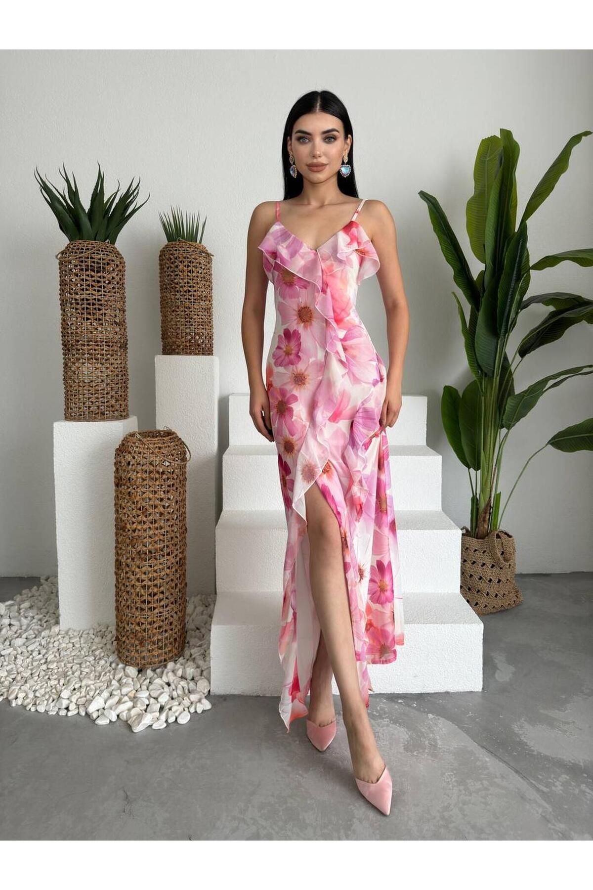 Auralis Studio Kadın Pembe Çiçekli Desenli Uzun Elbise - Fiyatı, Yorumları