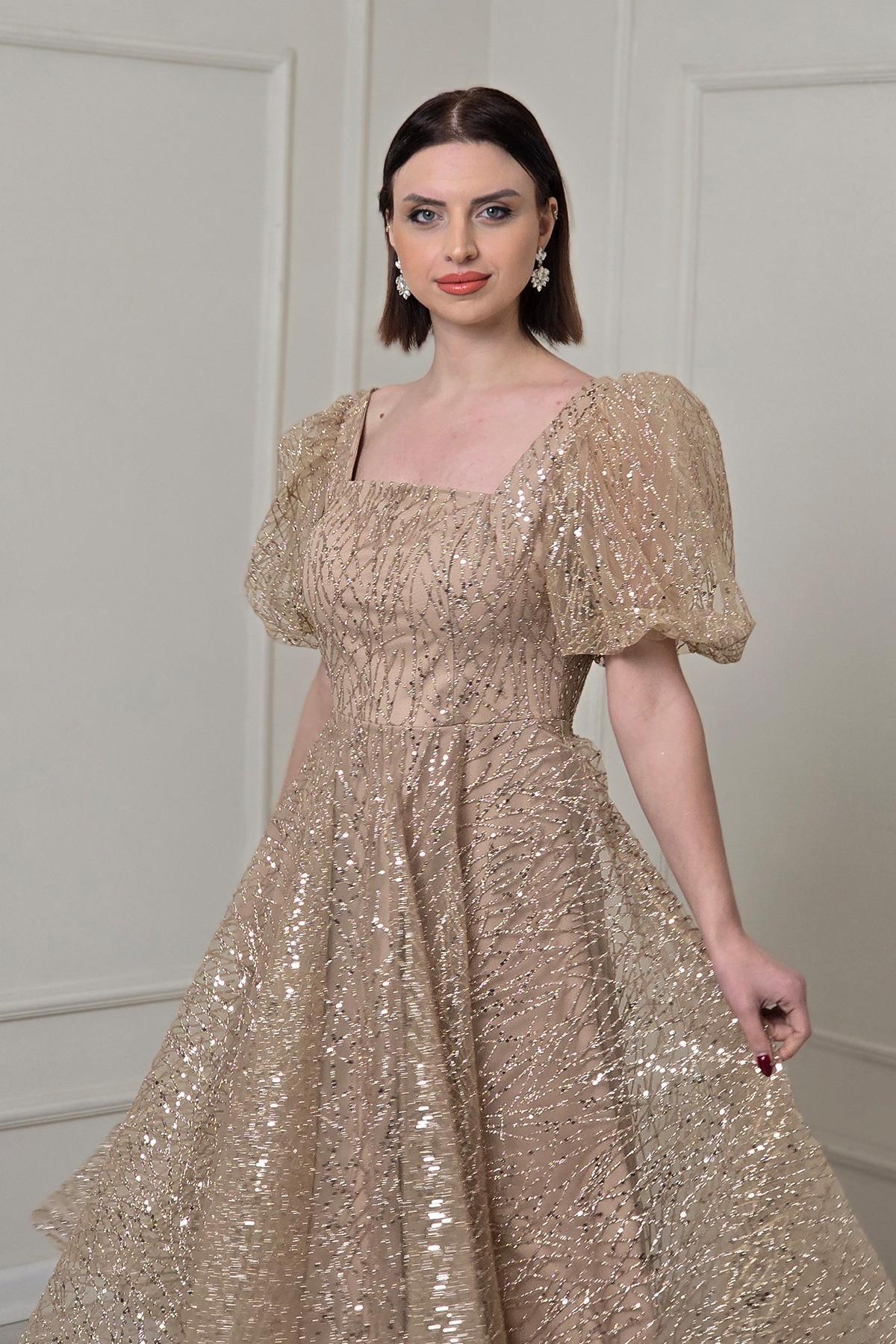 Yonca Moda Evi Gold Kısa Kollu Simli Kısa Abiye 2100 - Fiyatı, Yorumları