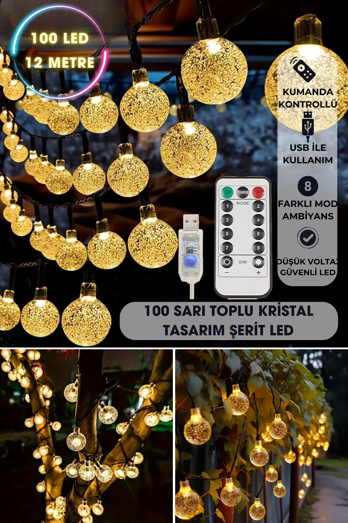 Technojet 100 Ledli Usbli Kumandalı 8 Modlu Kristal Toplu Led Işık ...