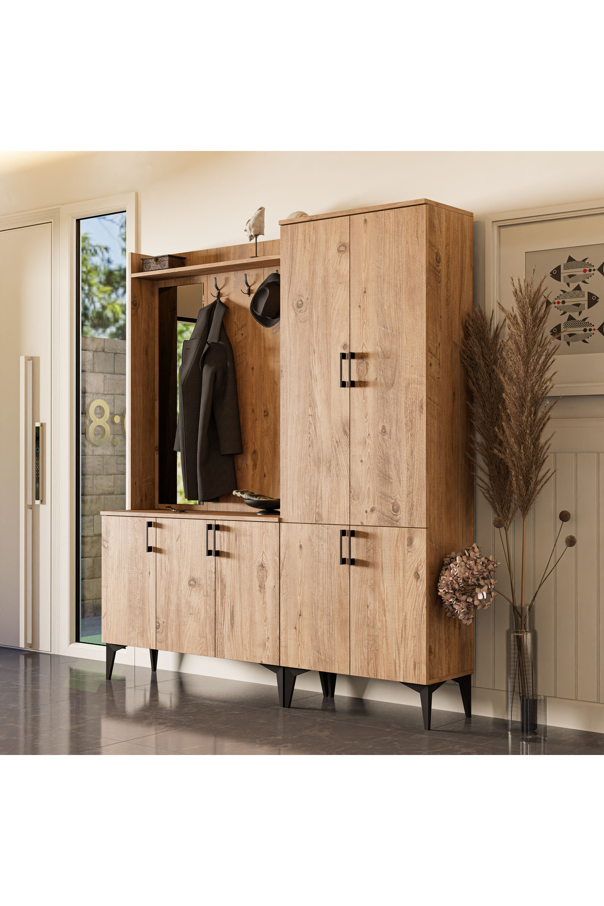 Mezza Set 5100-5104 Inca Sol Aynalı 7 Kapaklı 9 Askılı Raflı Portmanto ...