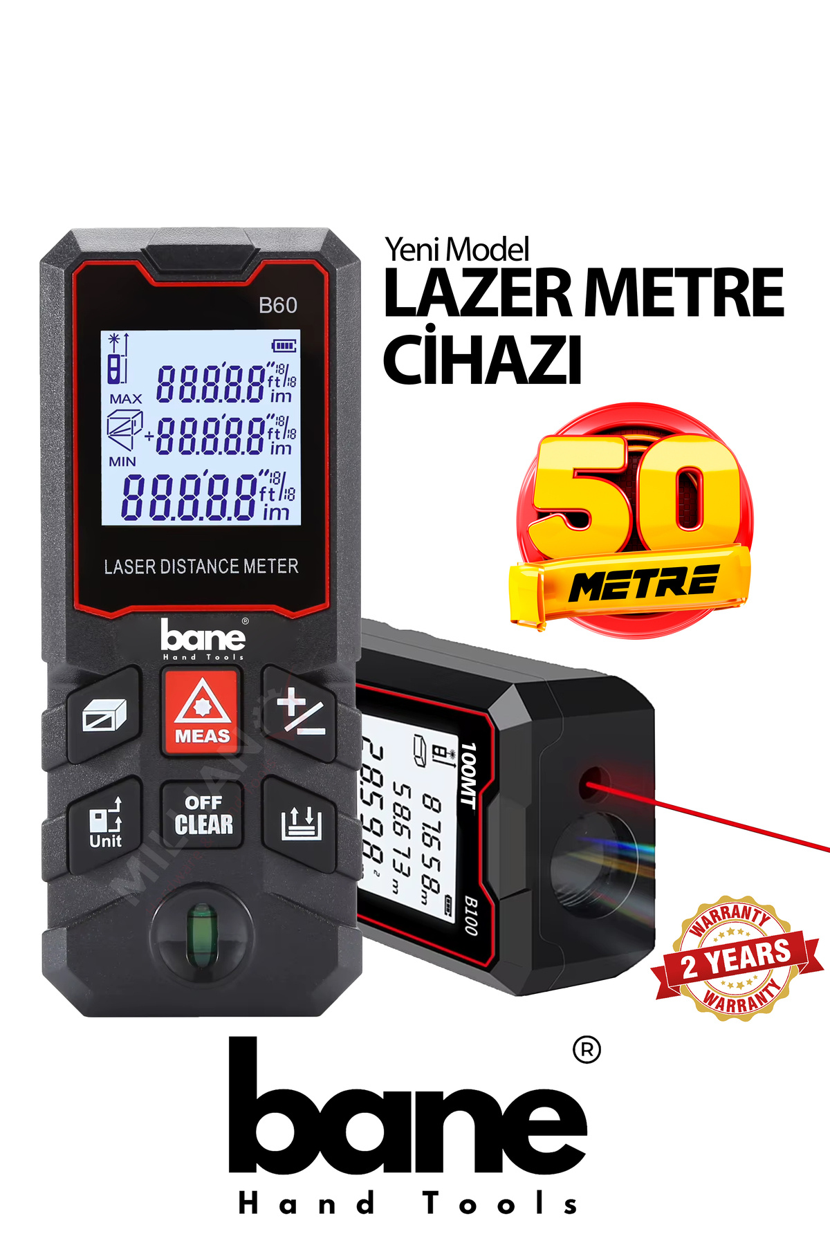 BANE Orijinal 50 Metre Yüksek Hassasiyet Lazer Metre Ölçer LCD Dijital ...