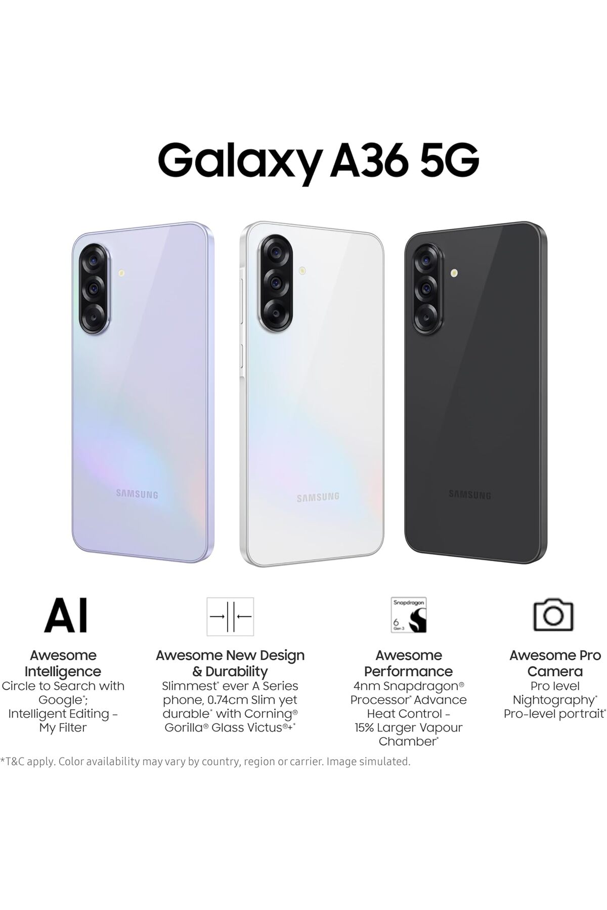 Samsung Galaxy A36 5G (Awesome Lavender, 8GB, 256GB) Intelligence AI ...