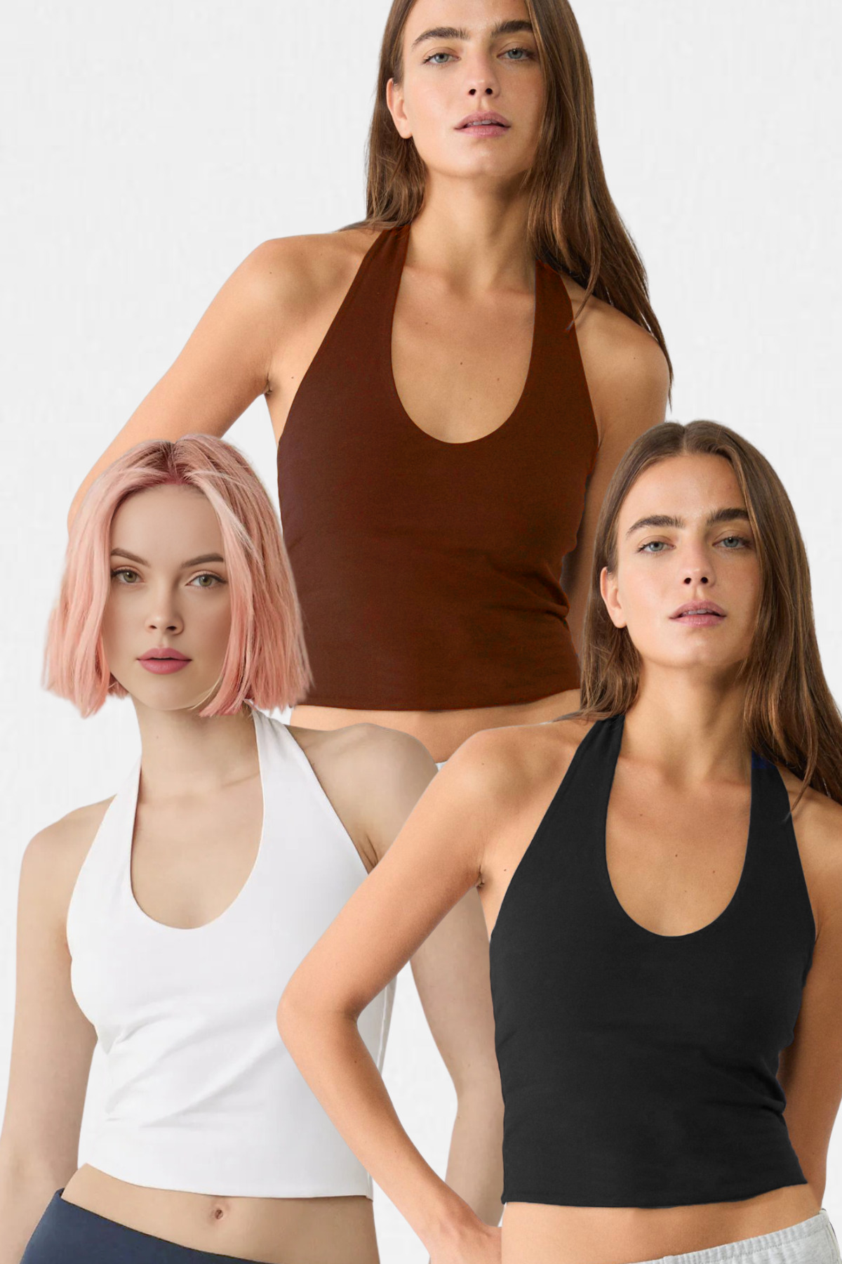 VODENS Kadın Beyaz Siyah Kahve 3'Lü Halter Yaka Crop Top Body - Fiyatı ...