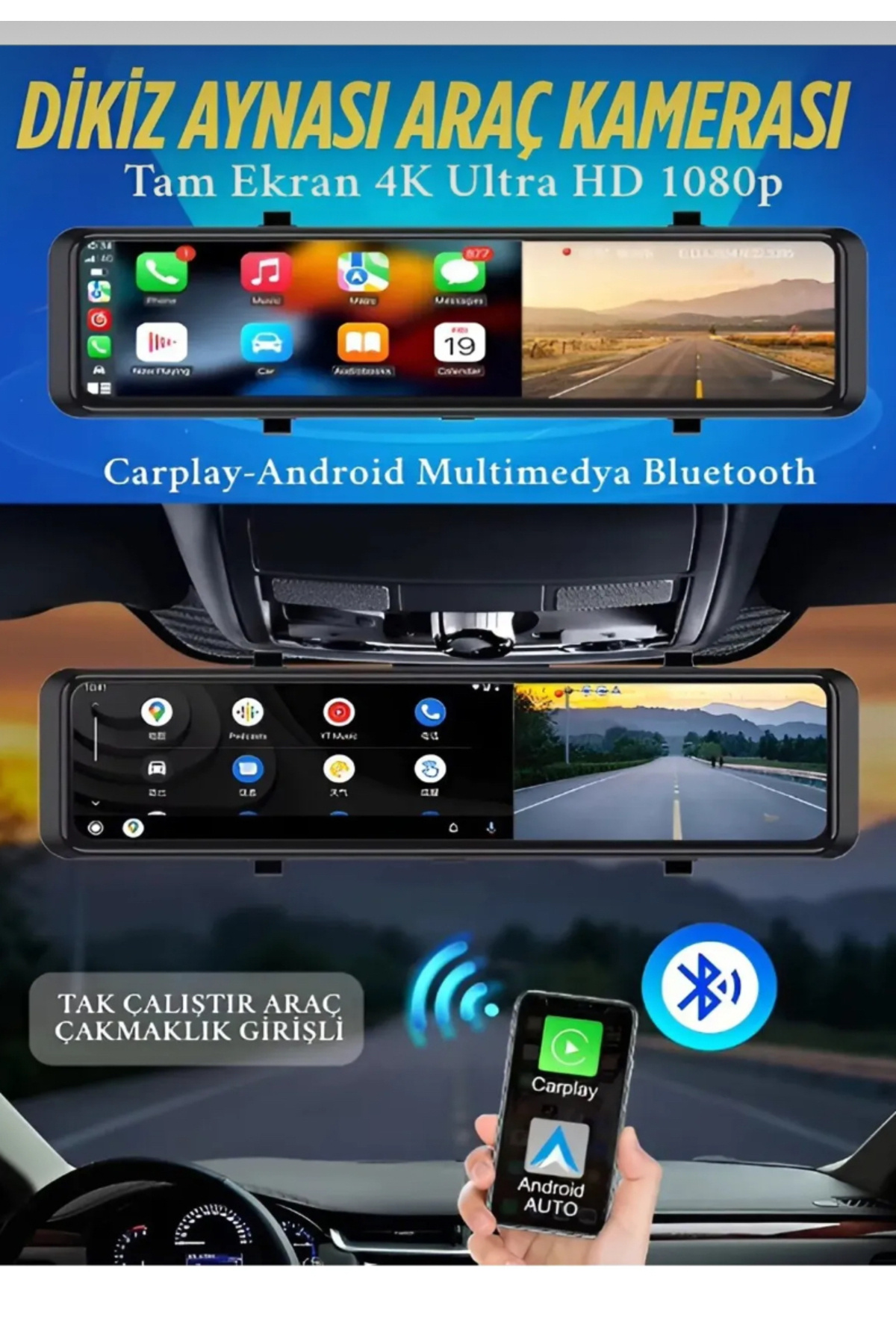 EMİN ENSAR HOME iDragon C3 Carplay & Android Multimedya 4K Ön 12" Dikiz Aynası Geri Görüş Park ...