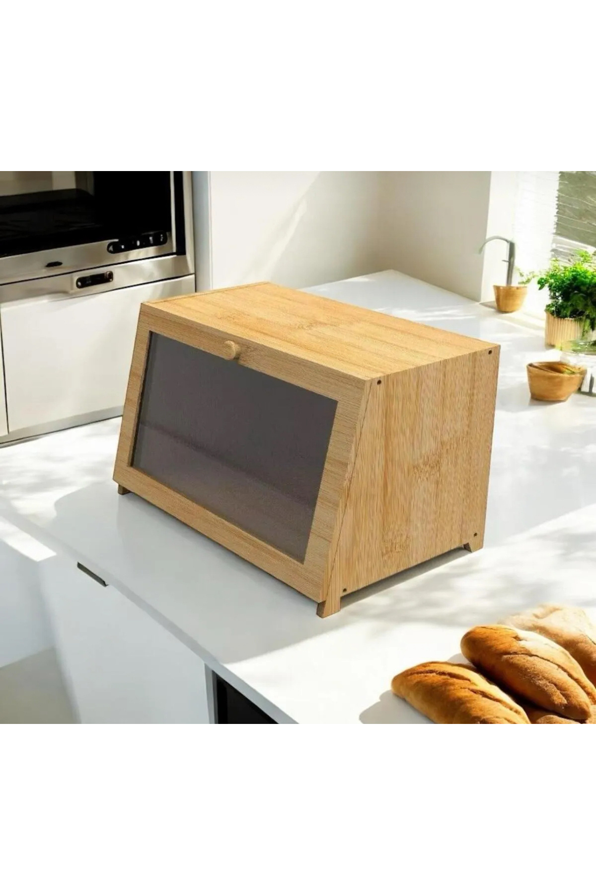 Kitchen Pembelia Bambu Ekmek Dolabı Kutusu Şeffaf Cam Görünümlü Kapaklı Ekmeklik Ekmek Kutusu ...