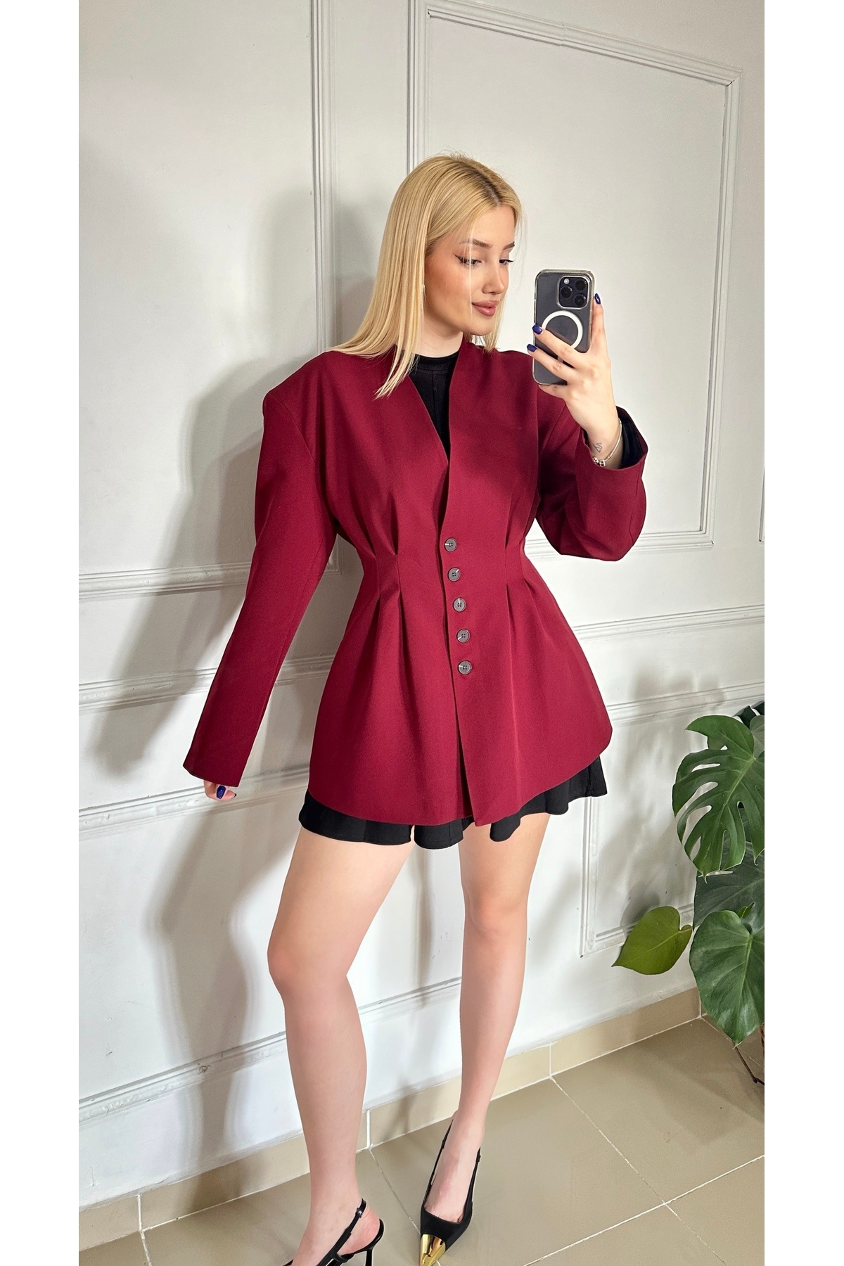 FİOXCO Burgundy Waist Cinched Shoulder Padded Inner Lined Corset Blazer ...