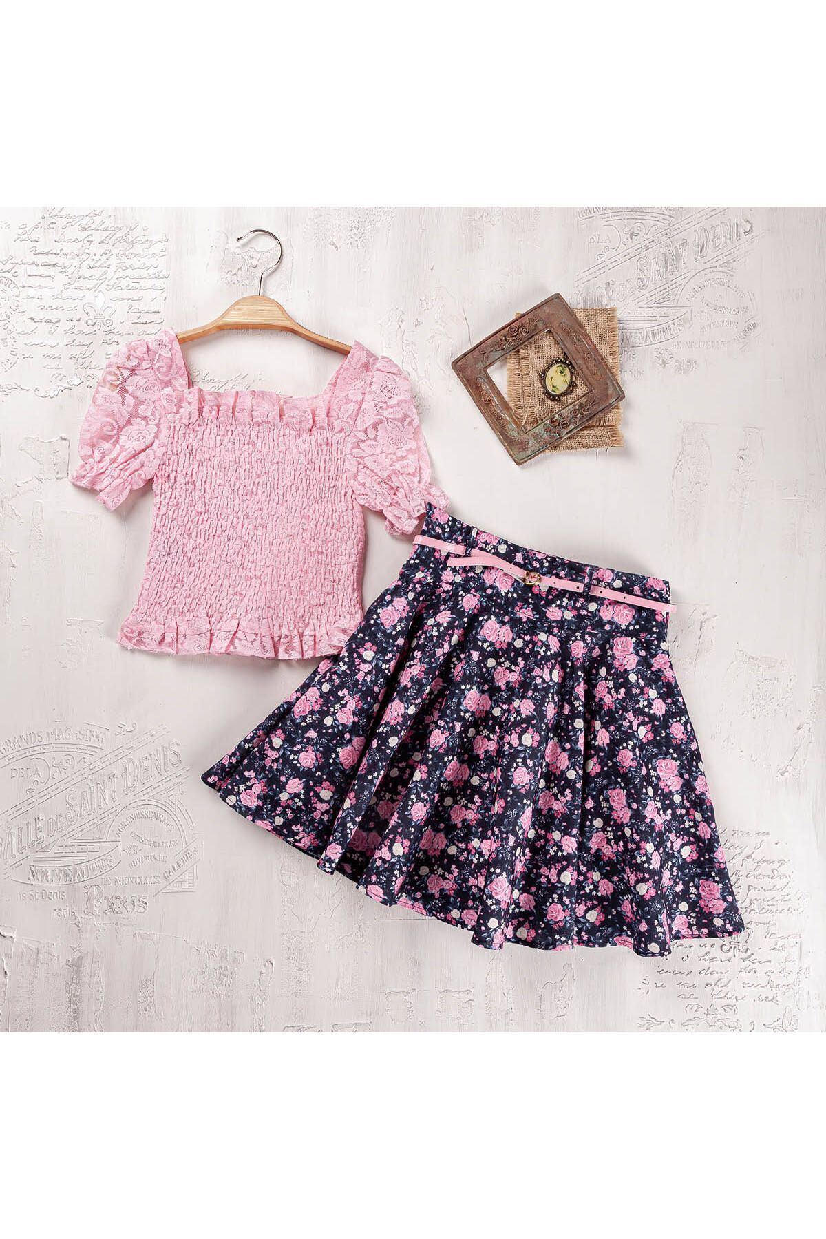 Elayza KIZ ÇOCUKLARI İÇİN ETEKLİ BLUZLU KEMERLİ TAKIM - Fiyatı, Yorumları