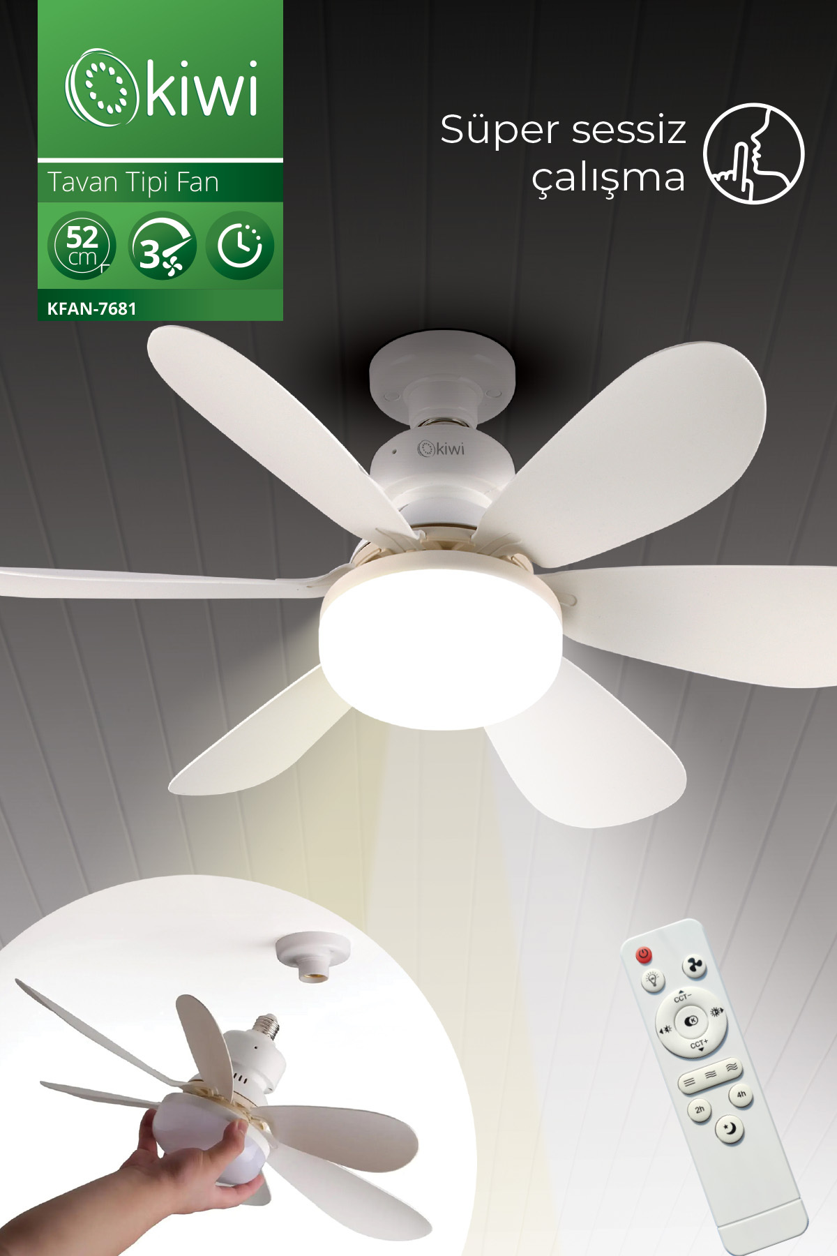 Kiwi Sessiz Çalışma 6 Fan Kanat ve Işıklı Uzaktan Kumandalı Tavan Tipi ...