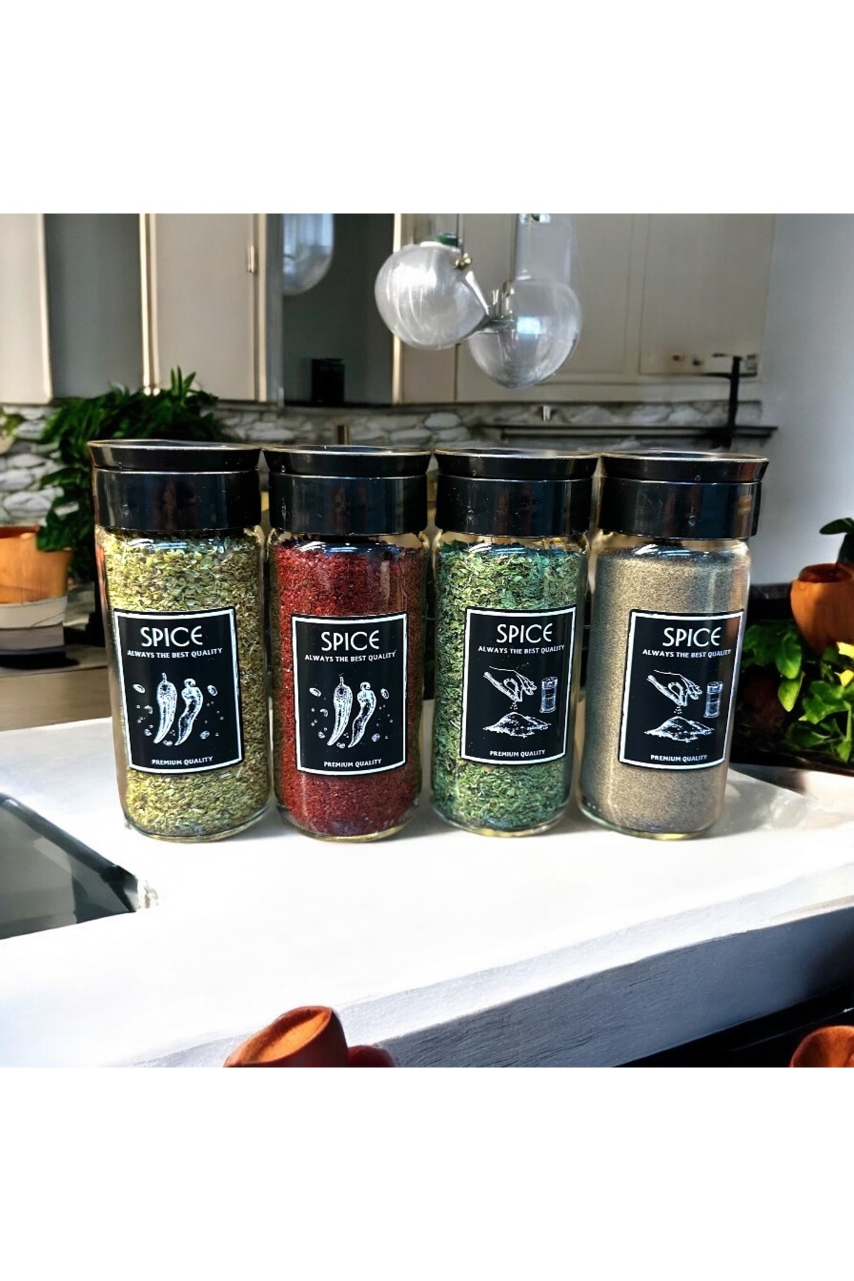 KAPAR 4’lü Baharat Seti – Pul Biber, Kekik, Karabiber, Kuru Nane + 4 Adet Cam Baharatlık ...