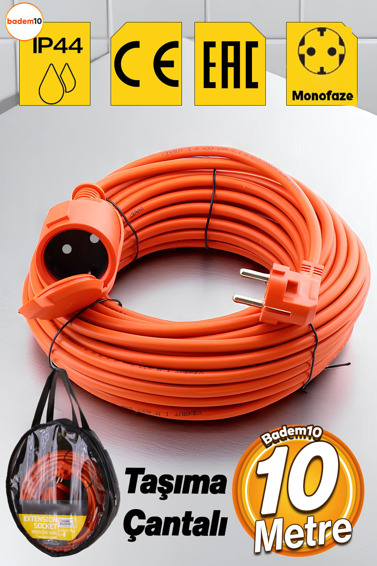 Badem10 Uzatma Kablosu 10 Metre 3x2.5 Mm Kapaklı Monofaze Ev Tipi Topraklı Cca Kablolu Tekli ...