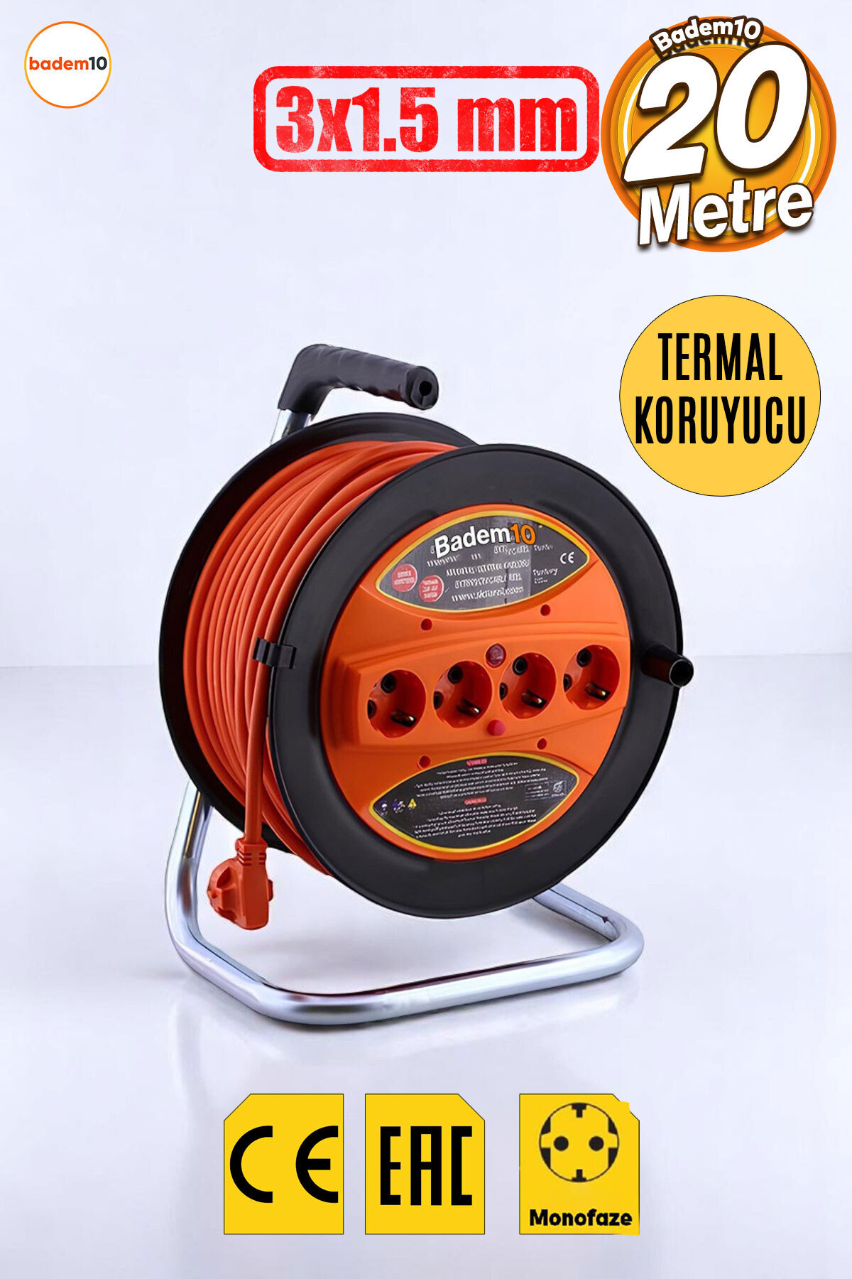 Badem10 Makaralı Uzatma Kablosu 3x1.5 mm 20 Metre Termal Sigortalı Plastik Seyyar Makara 4 ...