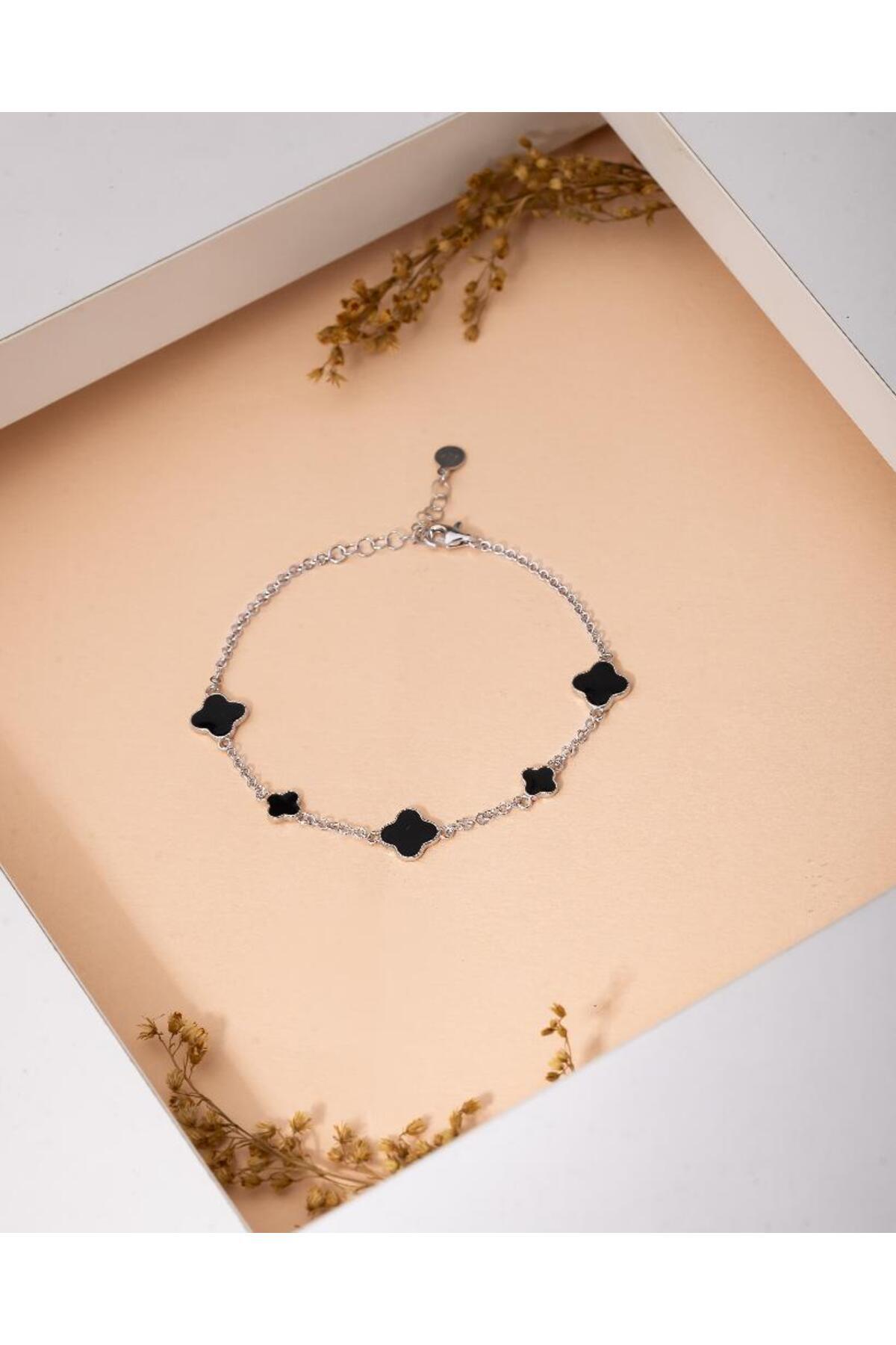 Roza Silver 925 Ayar Rodyum Siyah Mineli Yonca Charm Gümüş Bileklik - Fiyatı, Yorumları