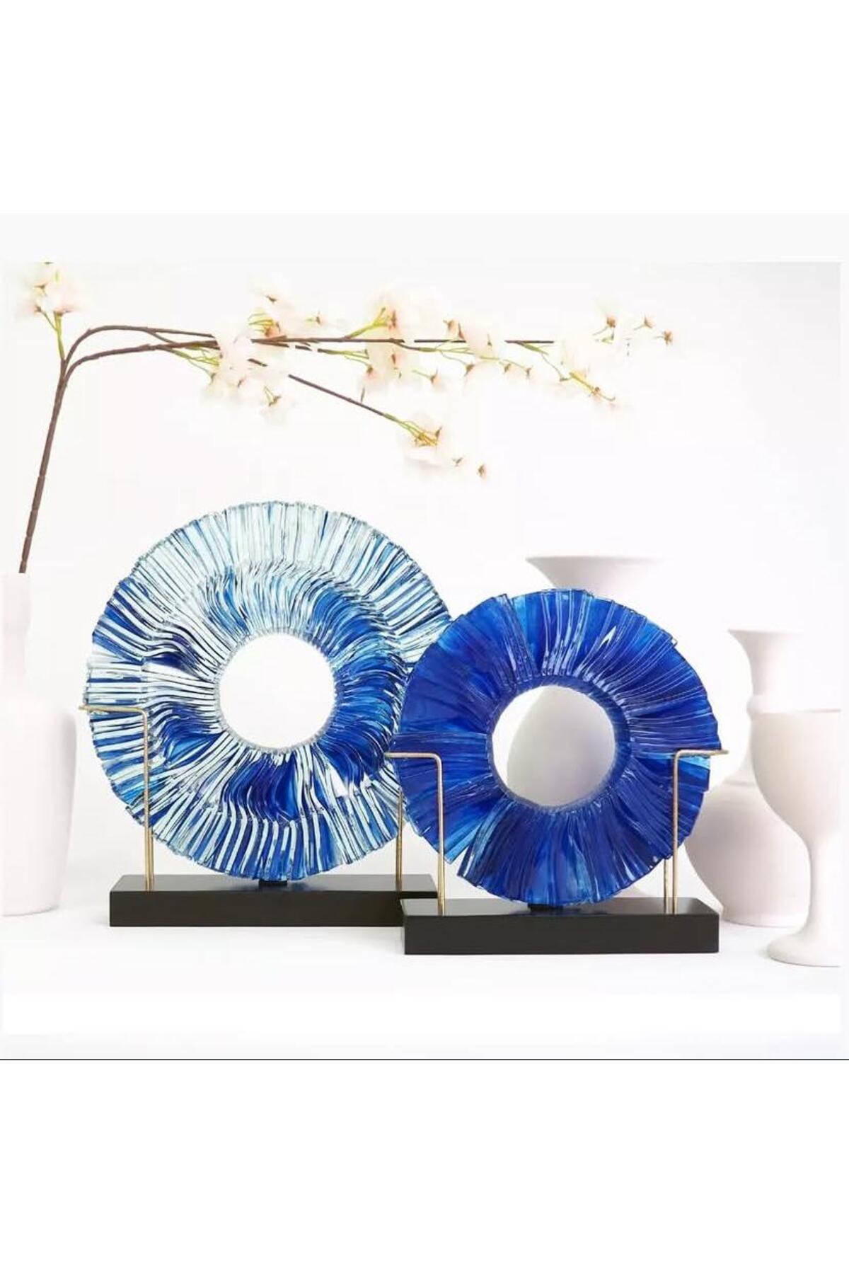 ESRA BALCI GLASSART Dekoratif Mavi Cam Disk Heykel Seti, Modern ...