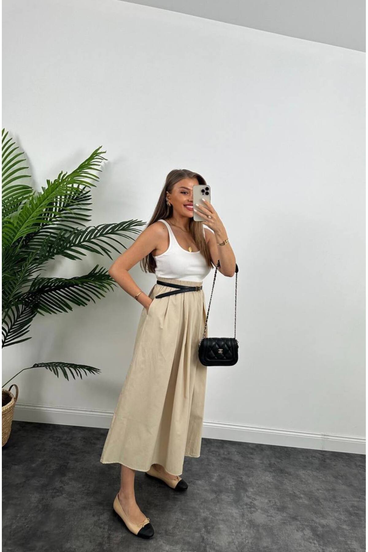 bm bessomoda fashion boutique Kadın Cepli Beli Lastikli Poplin Kloş ...