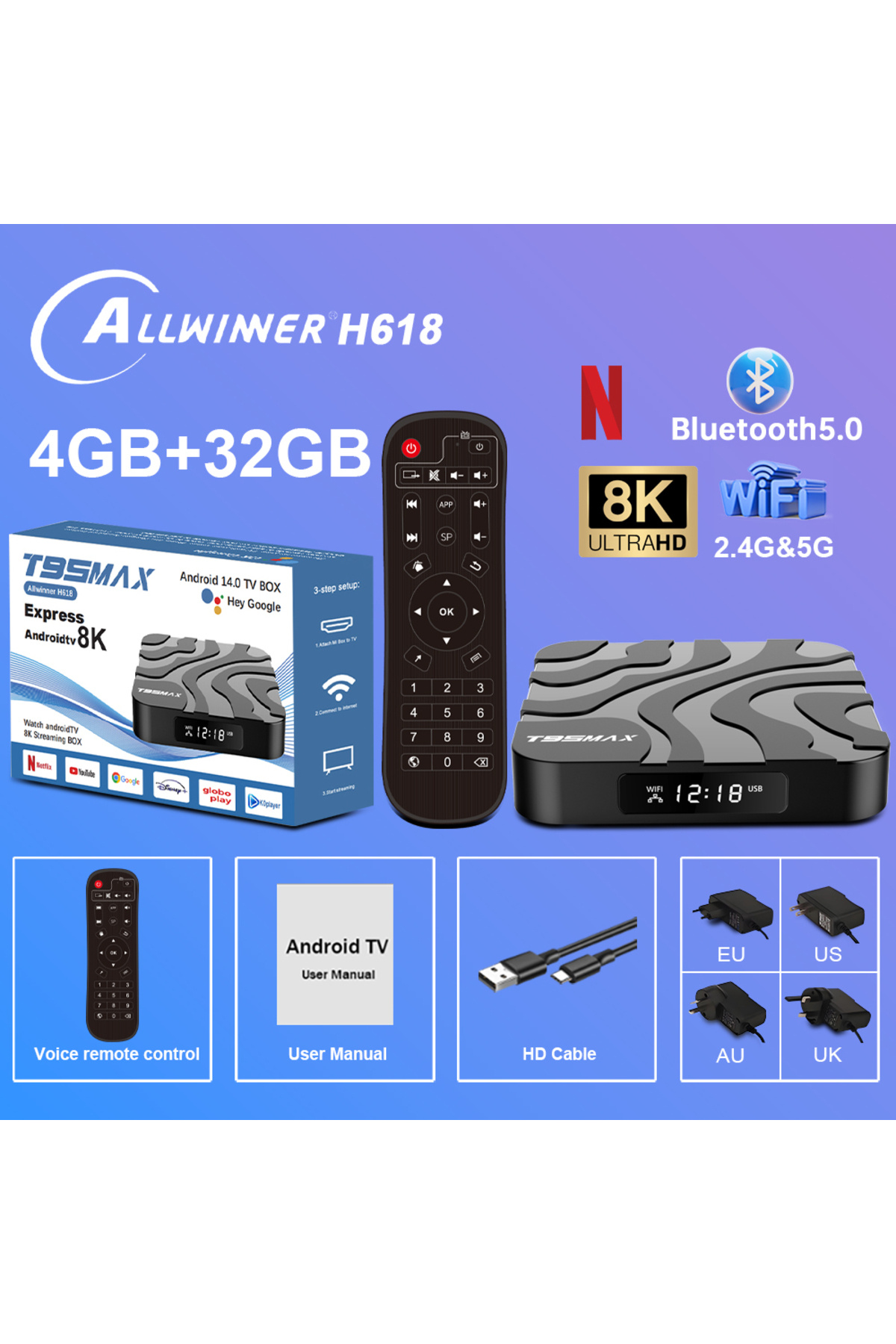 Choice EU Plug 4GB 32GB T95 Max Smart TV Box Android 12 Allwinner H618 ...