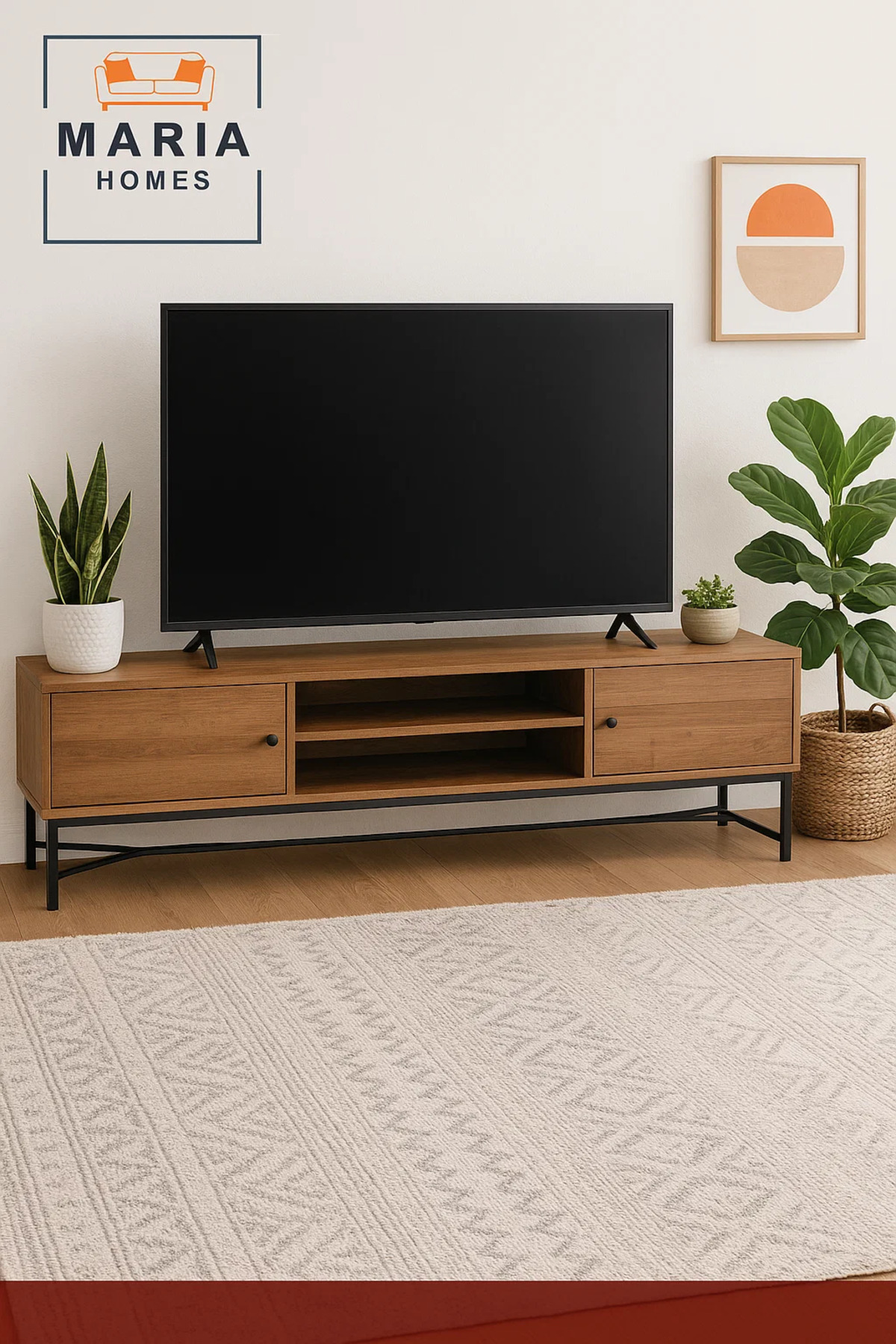 MARIA HOMES Industrial Brown Wood TV Stand with Metal Frame – 180x40x50 ...