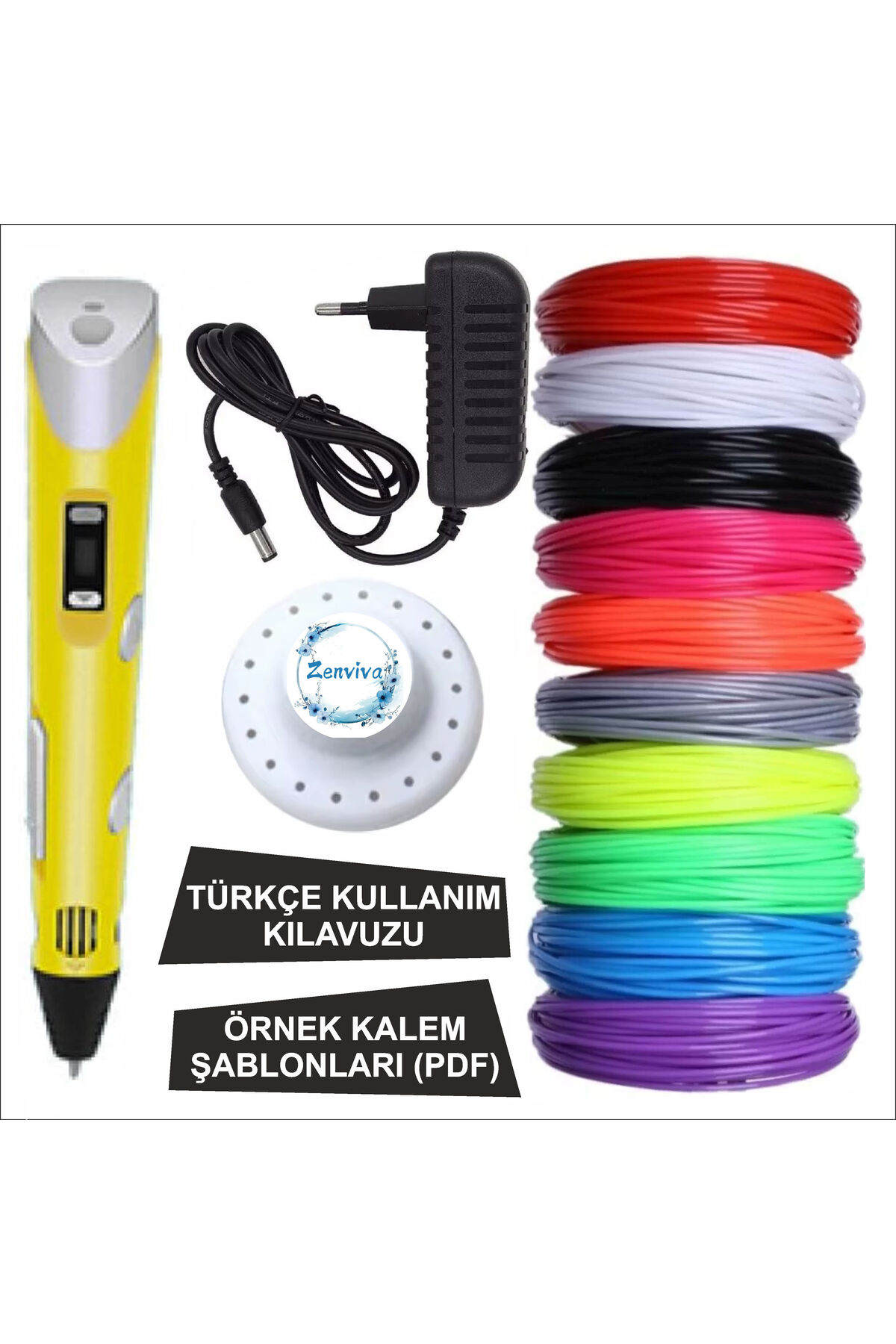 ZENVİVA Sarı Renk 3D Kalem + 25 Renk Toplam 50 Metre Pla Filament ...