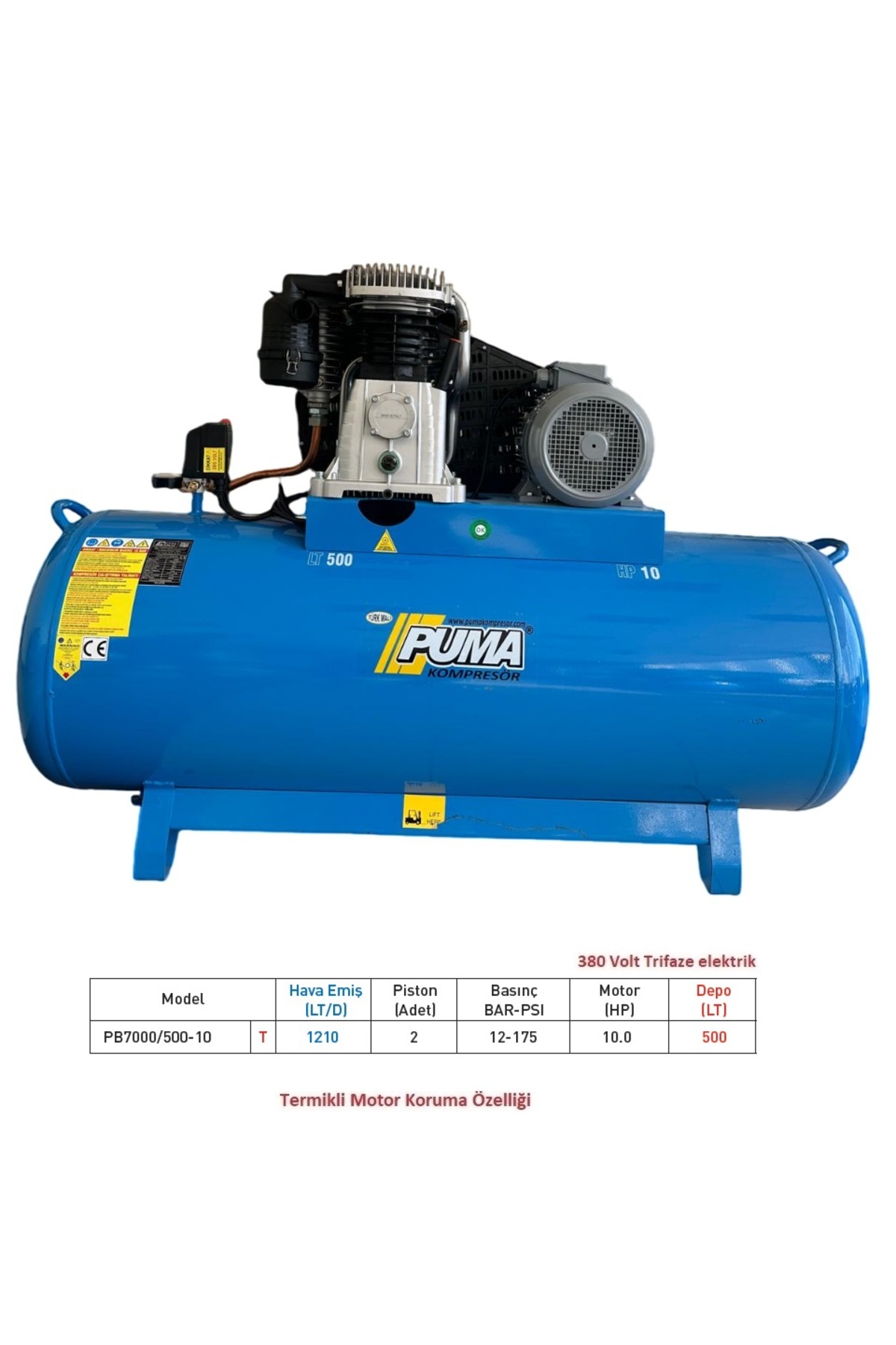 Puma 500 Lt 10 HP HAVA KOMPRESÖRÜ, İTALYAN ALÜMİNYUM KAFALI 12 BAR, 380 ...