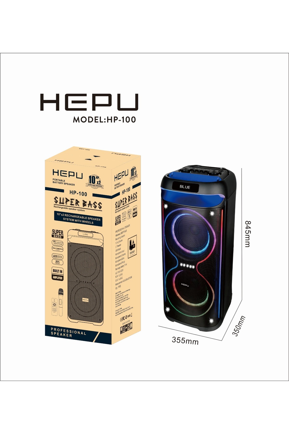 HEPU HP-100 2x10” 60 W Rms Süper Bass Taşınabilir Bluetooth Hoparlör ...