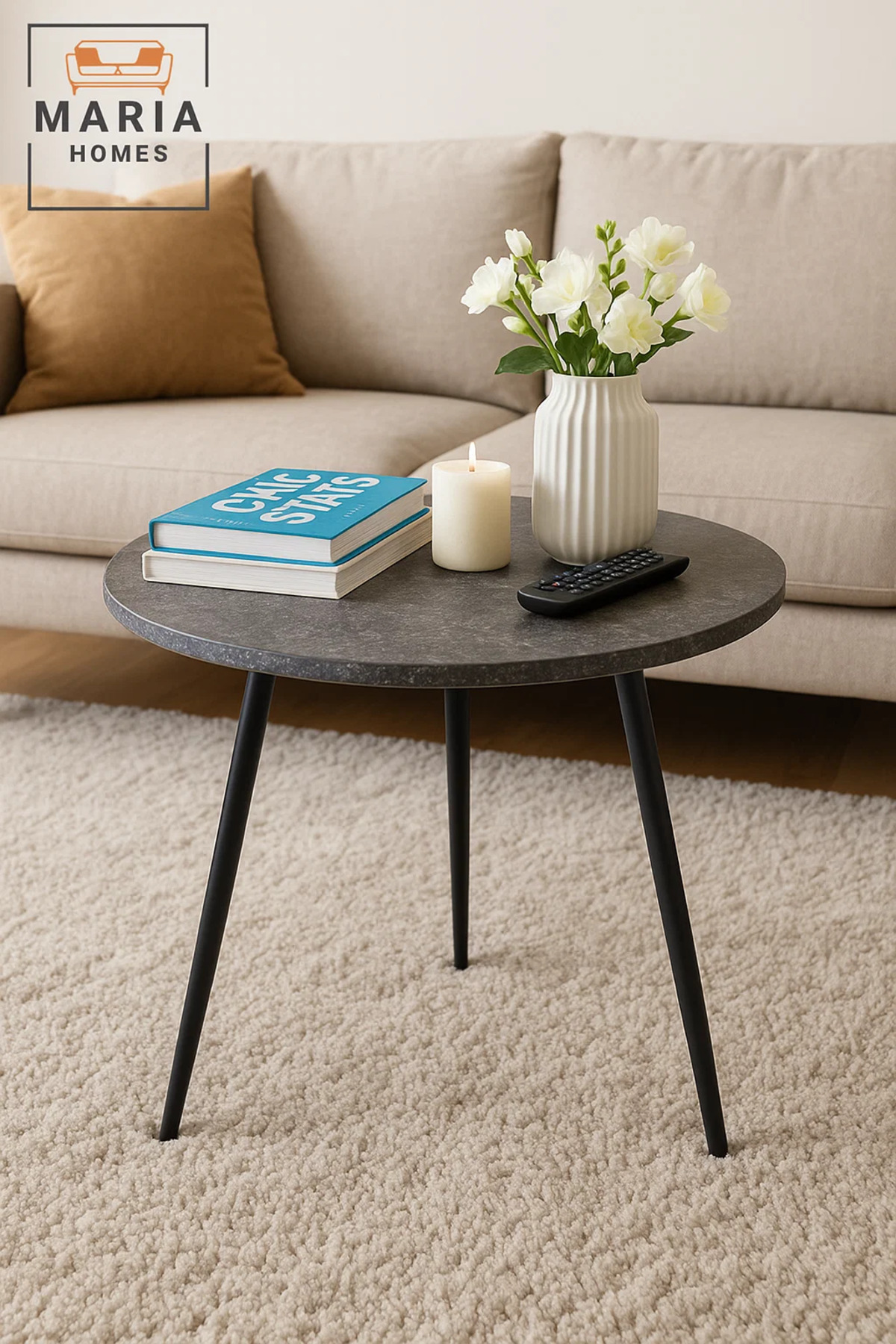 MARIA HOMES Round Stone-Effect Side Table with Black Tapered Legs- Trendyol
