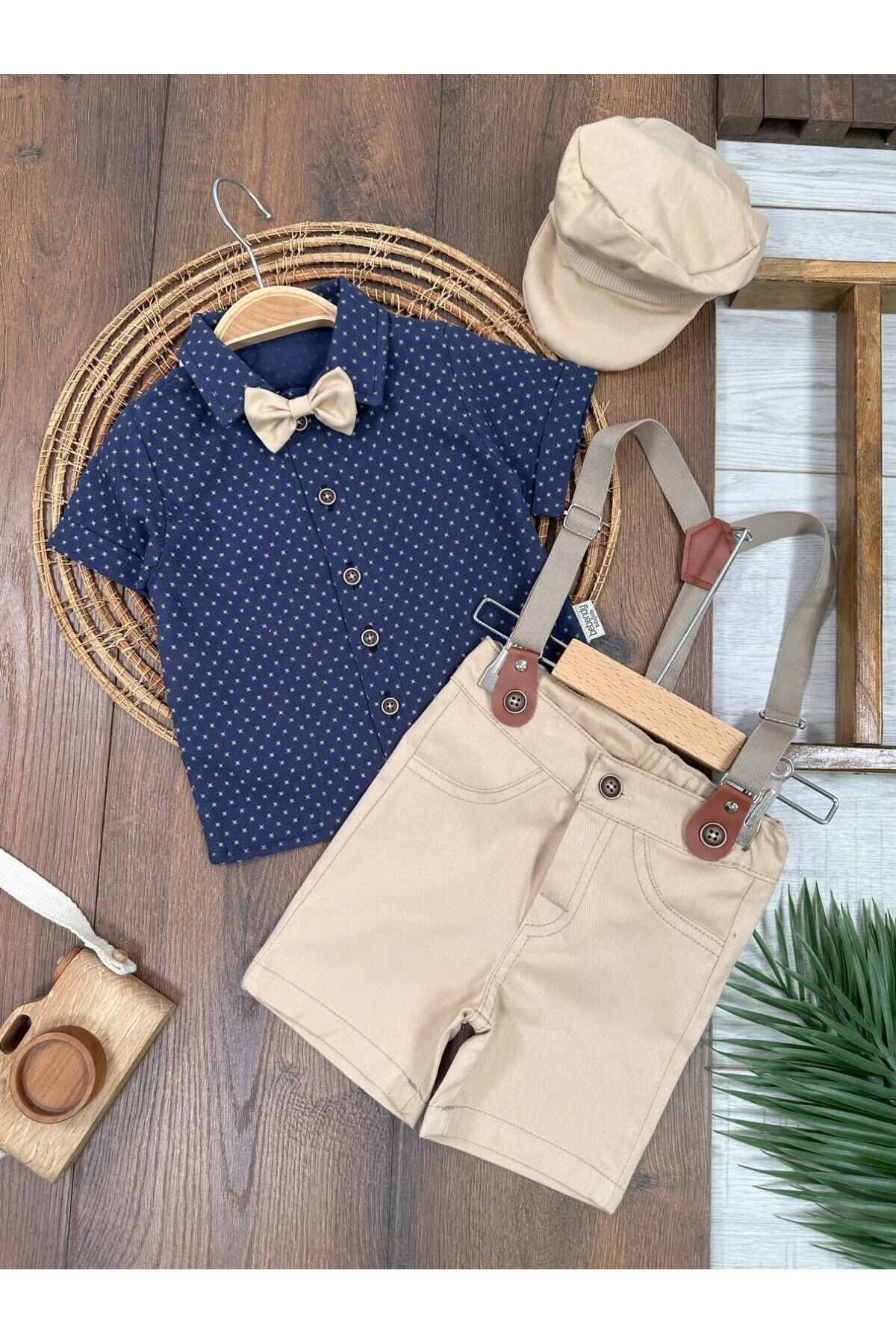 Bolly Baby Keten Pamuklu Papyonlu Askı Kemerli Şapkalı Gömlek Şortlu 6-24 Ay Yazlık Erkek Bebek ...