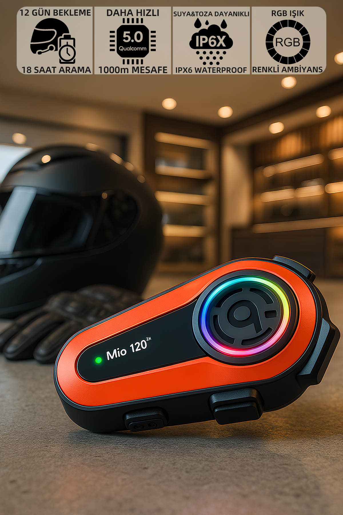 Mioji Mio 120 2x Rgb 1000mah Ipx6 1500m 2 Kişilik Kask Intercom ...