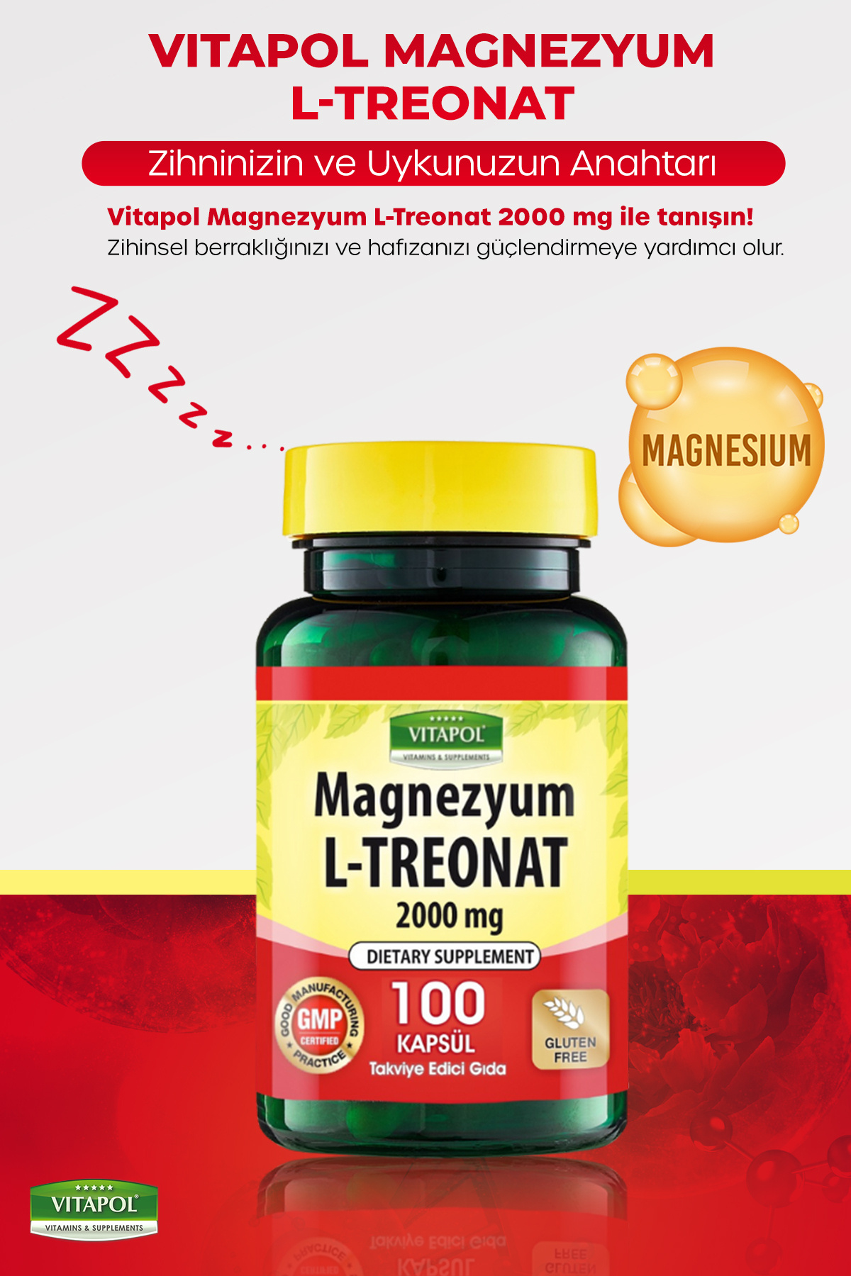Vitapol Magnezyum L-treonat 2000 Mg 100 Vegan Kapsül Magnesium L-threonate 100 Vegan Capsules ...