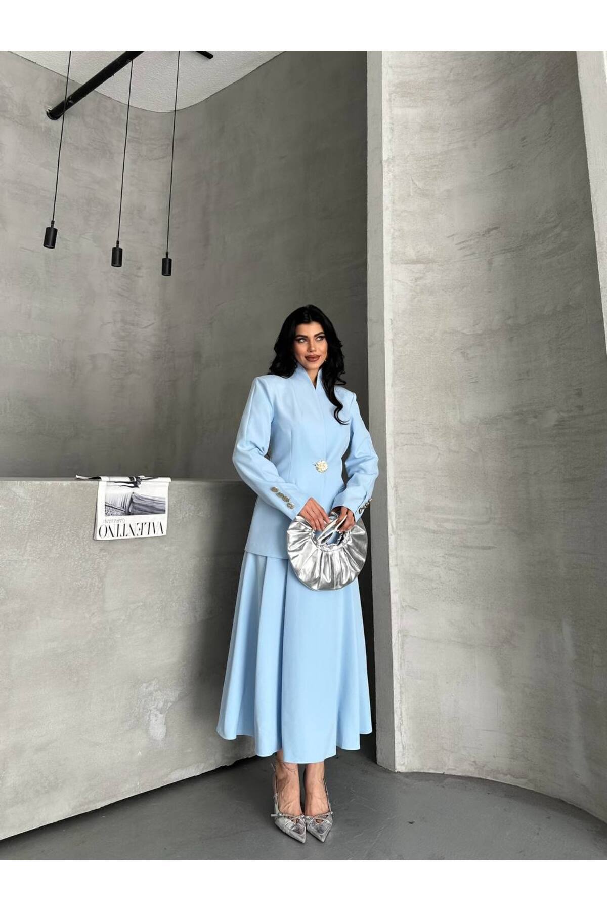 Bella Breeze Kadın Gold Kurabiye Düğmeli Blazer Ceket Etek Takım Elbise ...