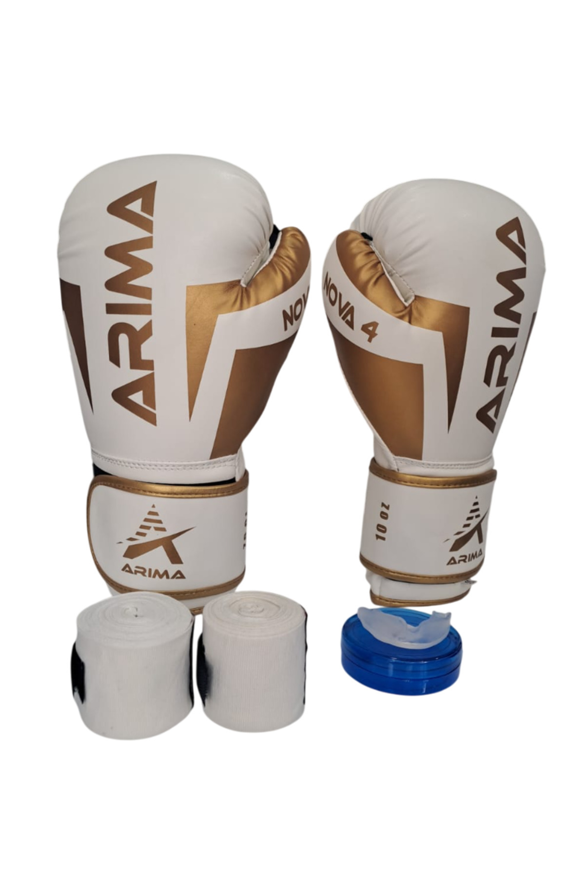 ARIMA Arıma Nova-4 Boks Kickboks Muaythai Ediveni Beyaz-Gold (8oz-10oz-12oz) + Bandaj + Dişlik ...