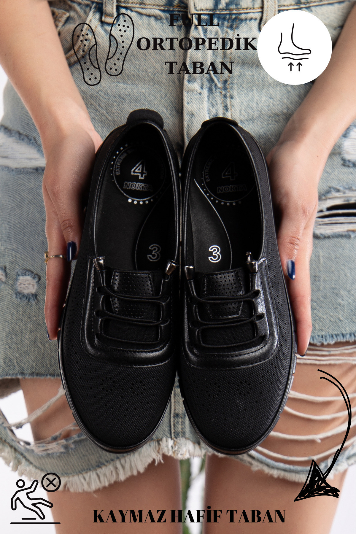 Slipcat Kadın Delikli Kot Bağcık Detaylı Delikli Kot Anne Ayakkabısı Günlük Ayakkabı Babet ...