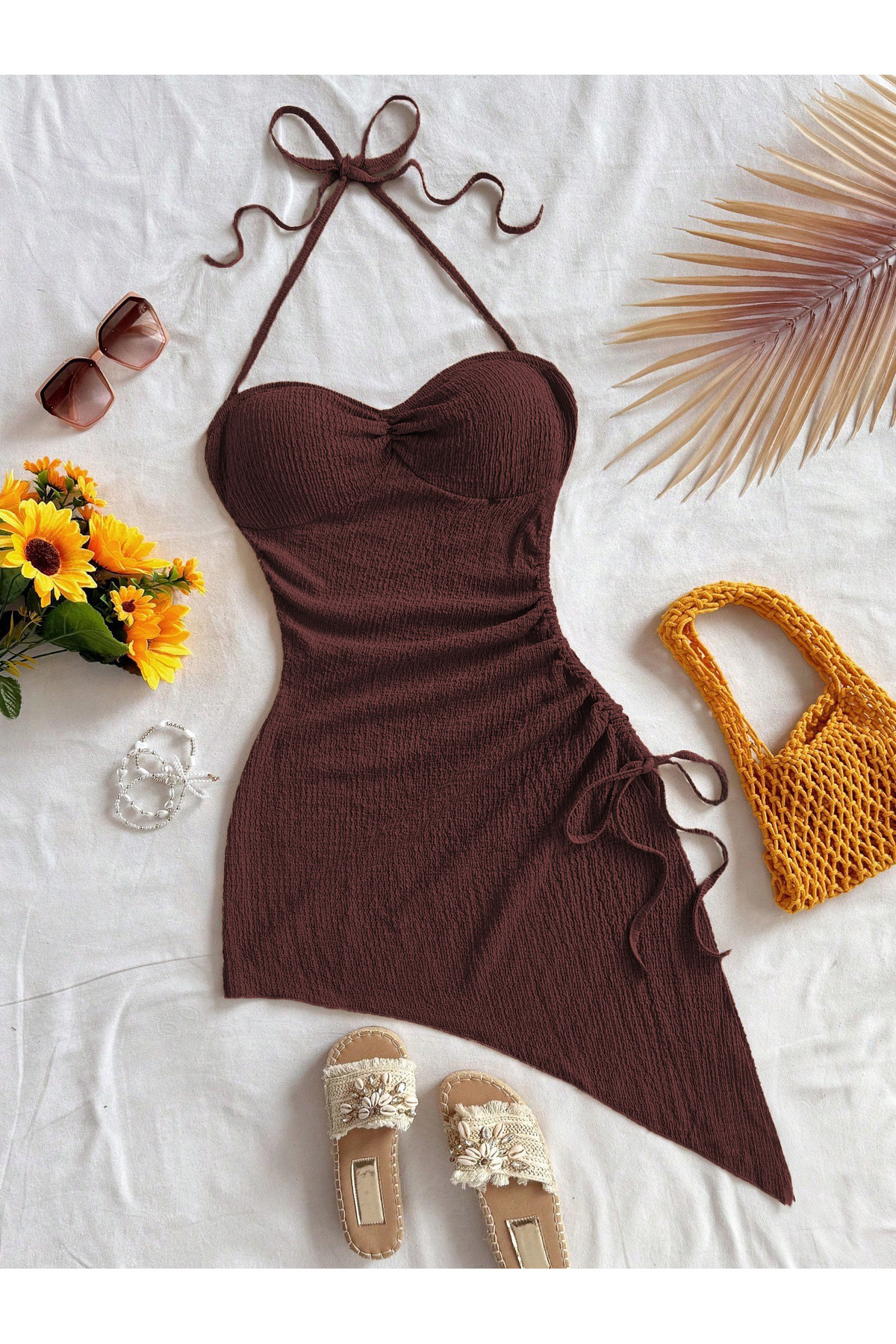 WEEST MODA kahve Elbise Kadin Tatil Halter BagciklI Bagaikli Dokulu ...