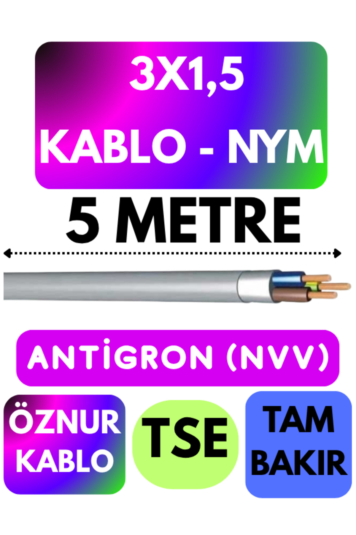 Avarson Öznur 3X1,5 ANTİGRON (NYM) Kablo (Gri) Metre Seçenekli 5 METRE ...