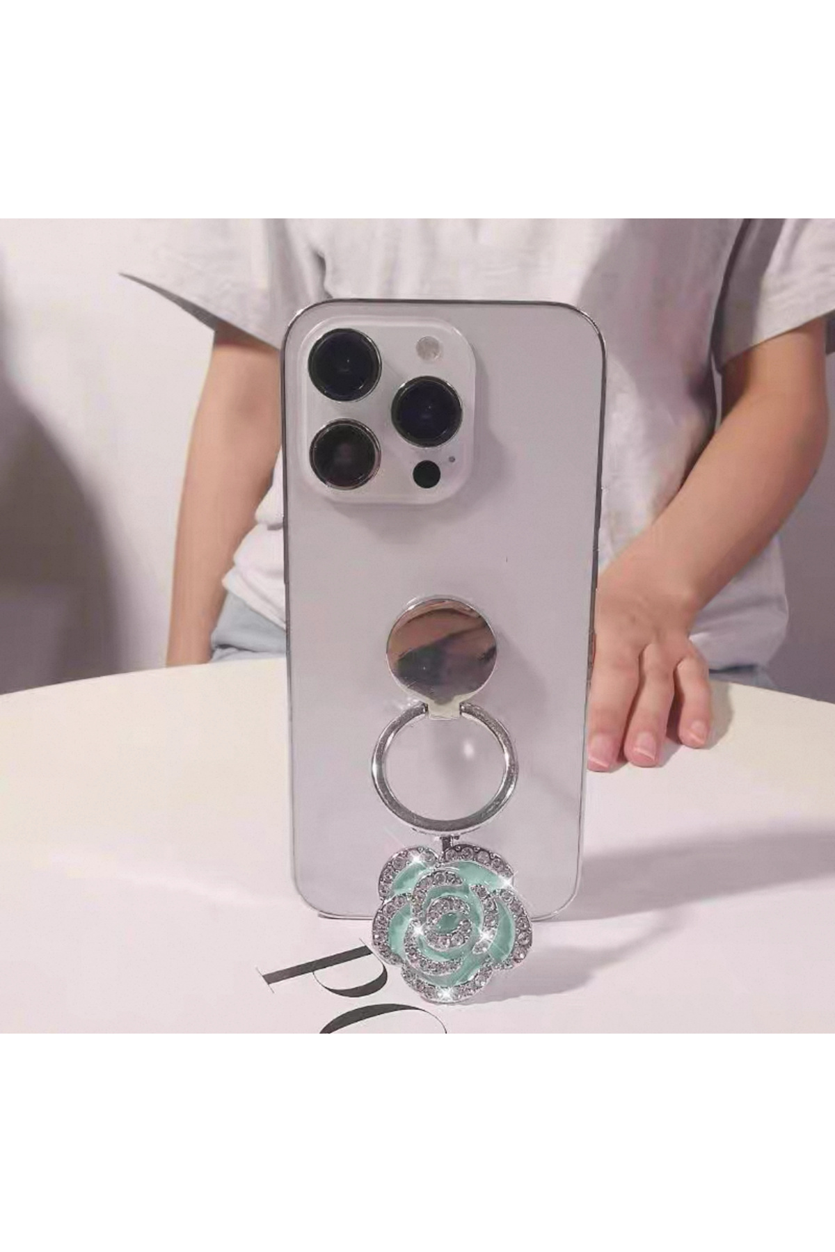 EDELFU Popsocket Gümüş Taşlı Çiçekli Metal Halka Telefon Tutacağı Sert ...