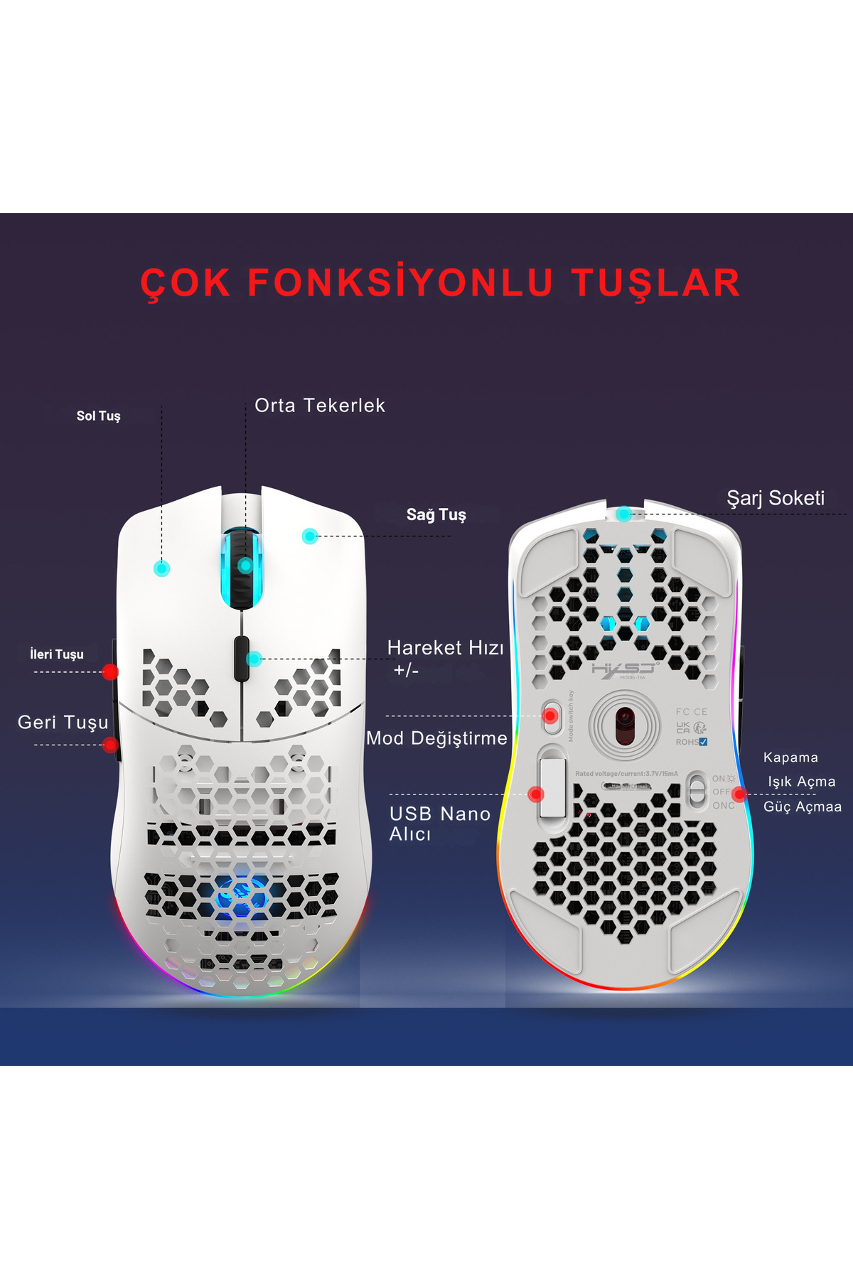 HXSJ T66 Kablosuz 3 Modlu Mouse-650 Mah Batarya - 12000 Fps - 20g - Rgb ...