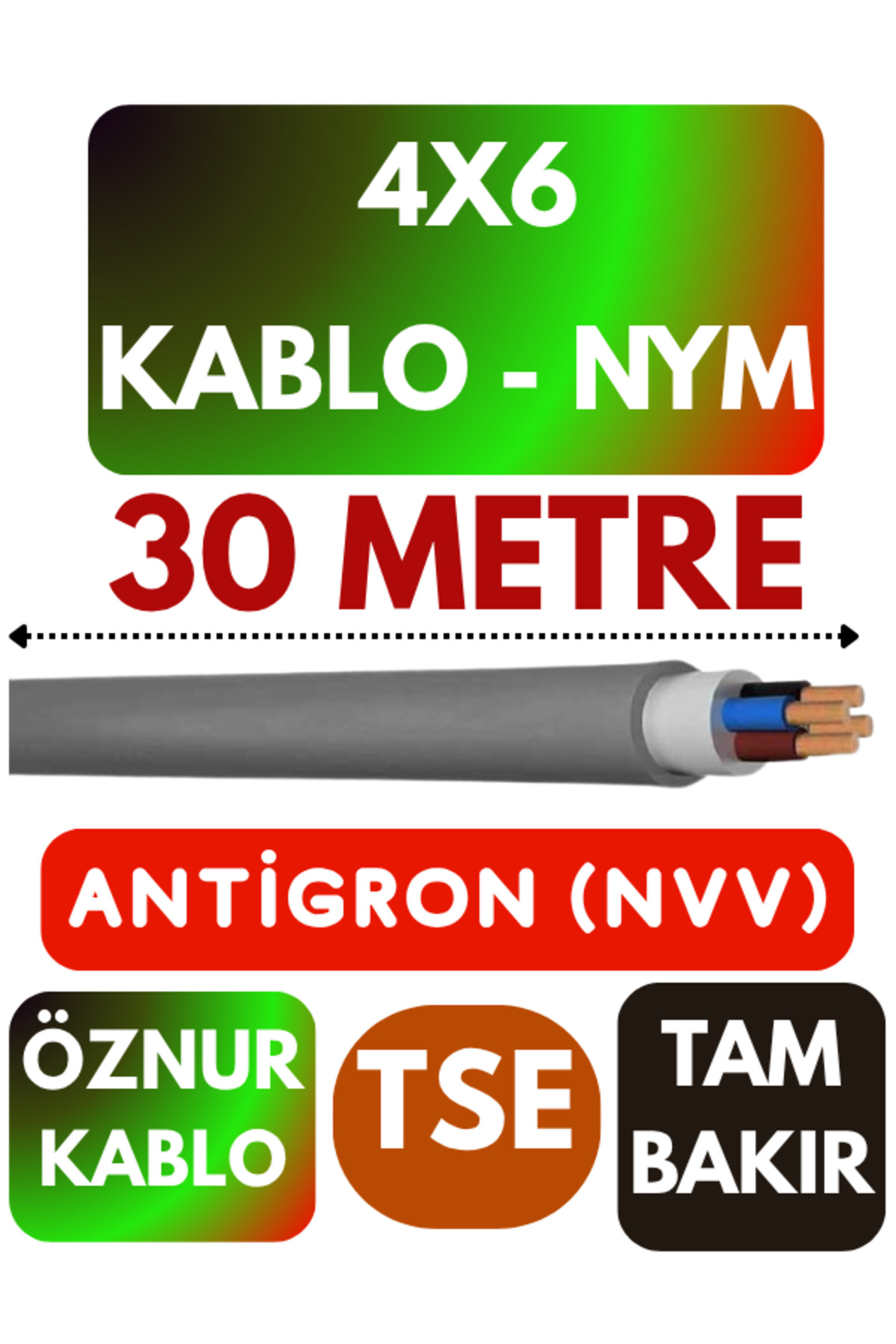 Avarson Öznur 4X6 ANTİGRON (NYM) Kablo (Gri) Metre Seçenekli 30 METRE ...