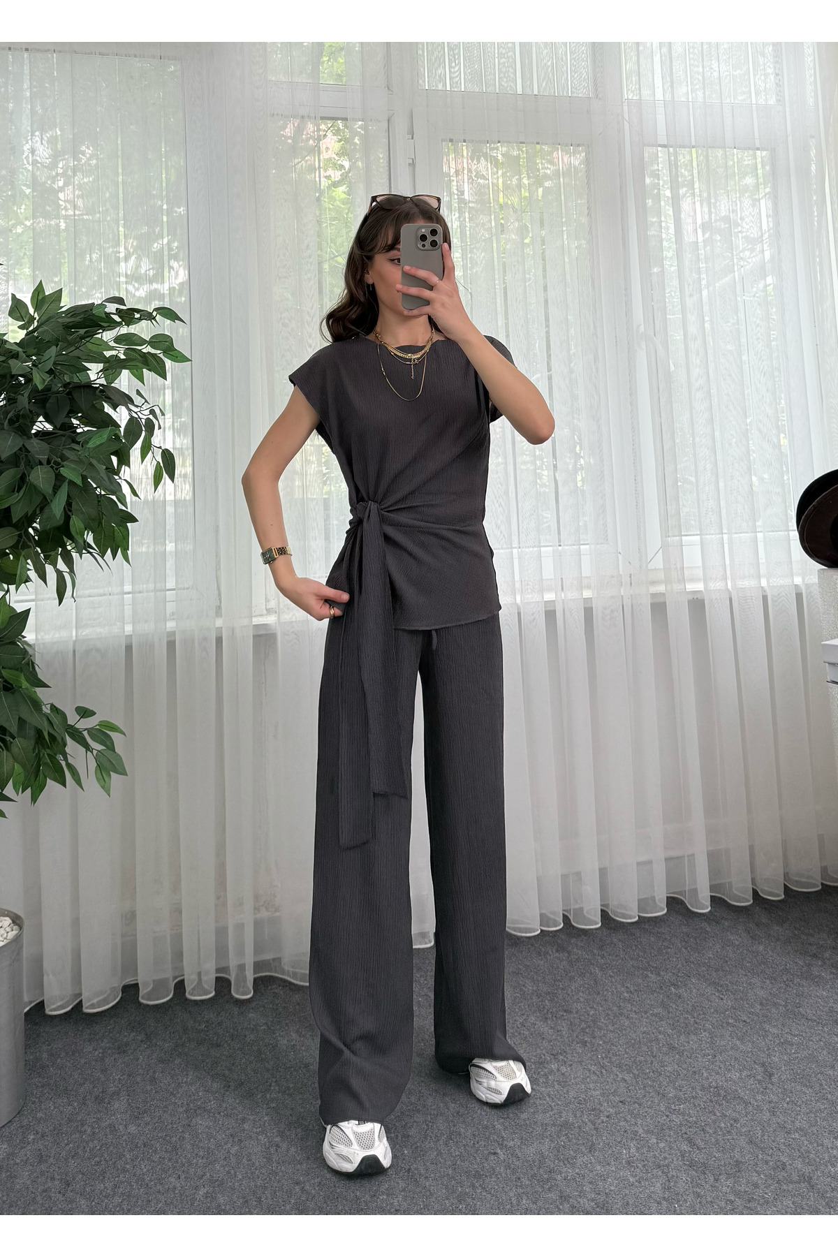 LUVESSE Flodi Antrasit Krinkıl Belden Bağlamalı Takım - Fiyatı, Yorumları