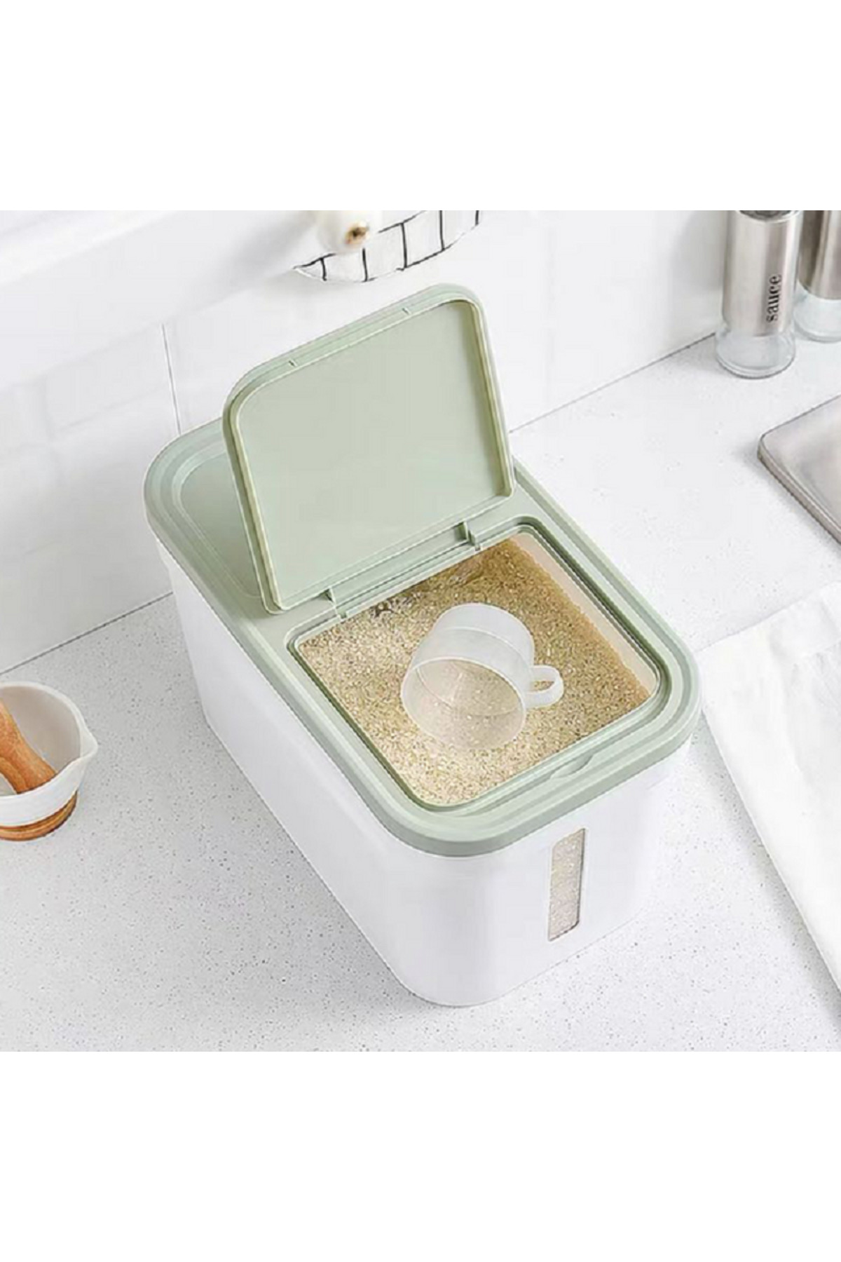 Felli Flip-Open Rectangular Plastic Rice Bin Light Green and White 12kg ...