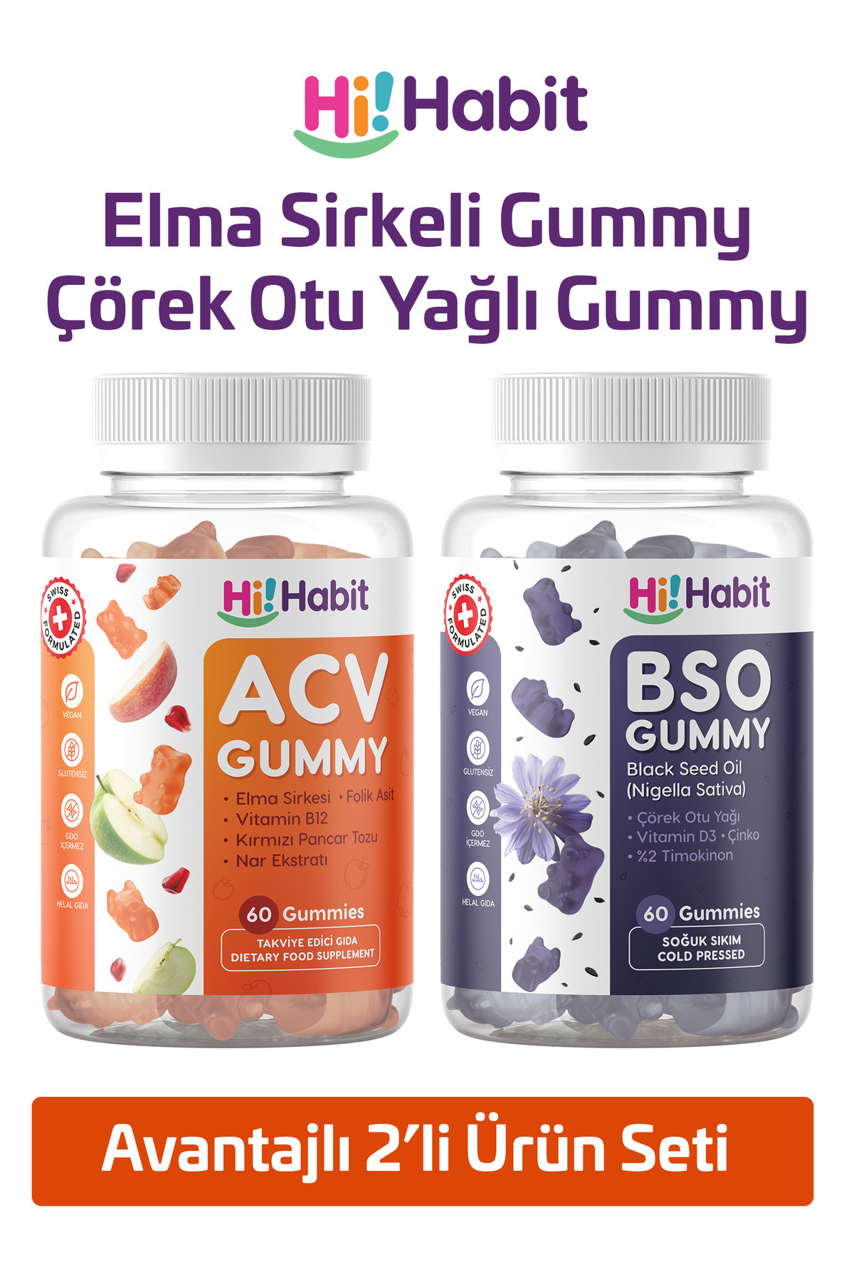Hi Habit Elma Sirkeli Ve Çörek Otu Yağlı Gummy 2’li Set – Vegan Takviye ...