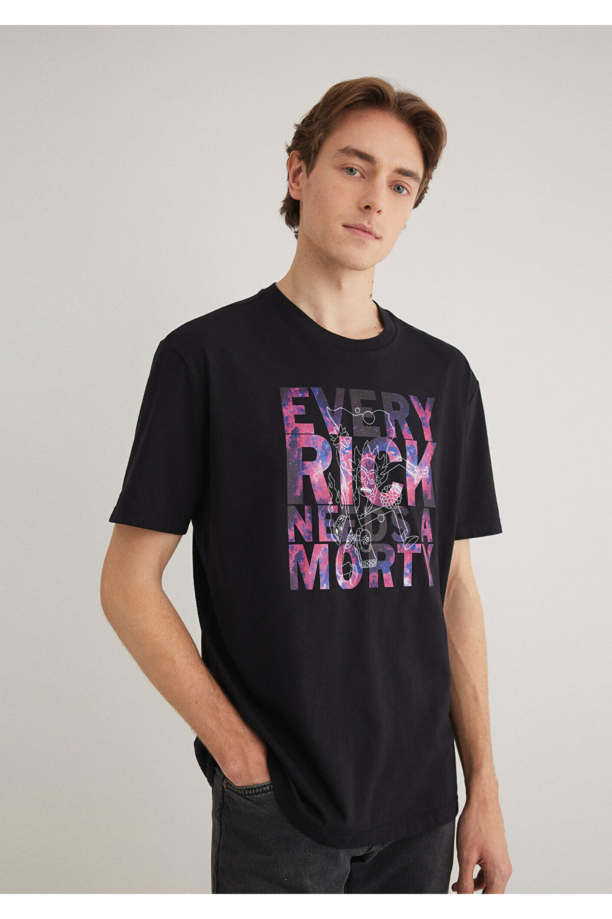 Mavi Rick And Morty Baskılı Siyah Tişört Loose Fit / Bol Rahat Kesim ...