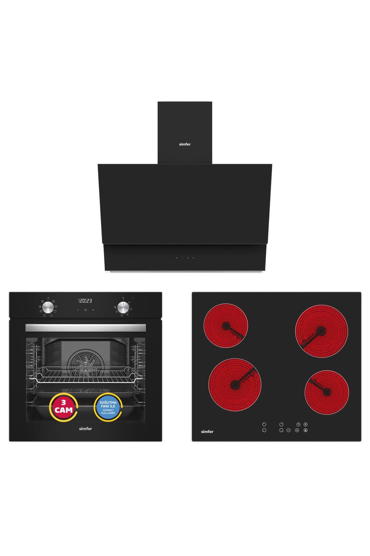 Simfer 9 Fonksiyon QS Dijital Siyaah 3'lü Ankastre Set (8208 Fırın + 3970 Ocak + 8703 Davlumbaz ...