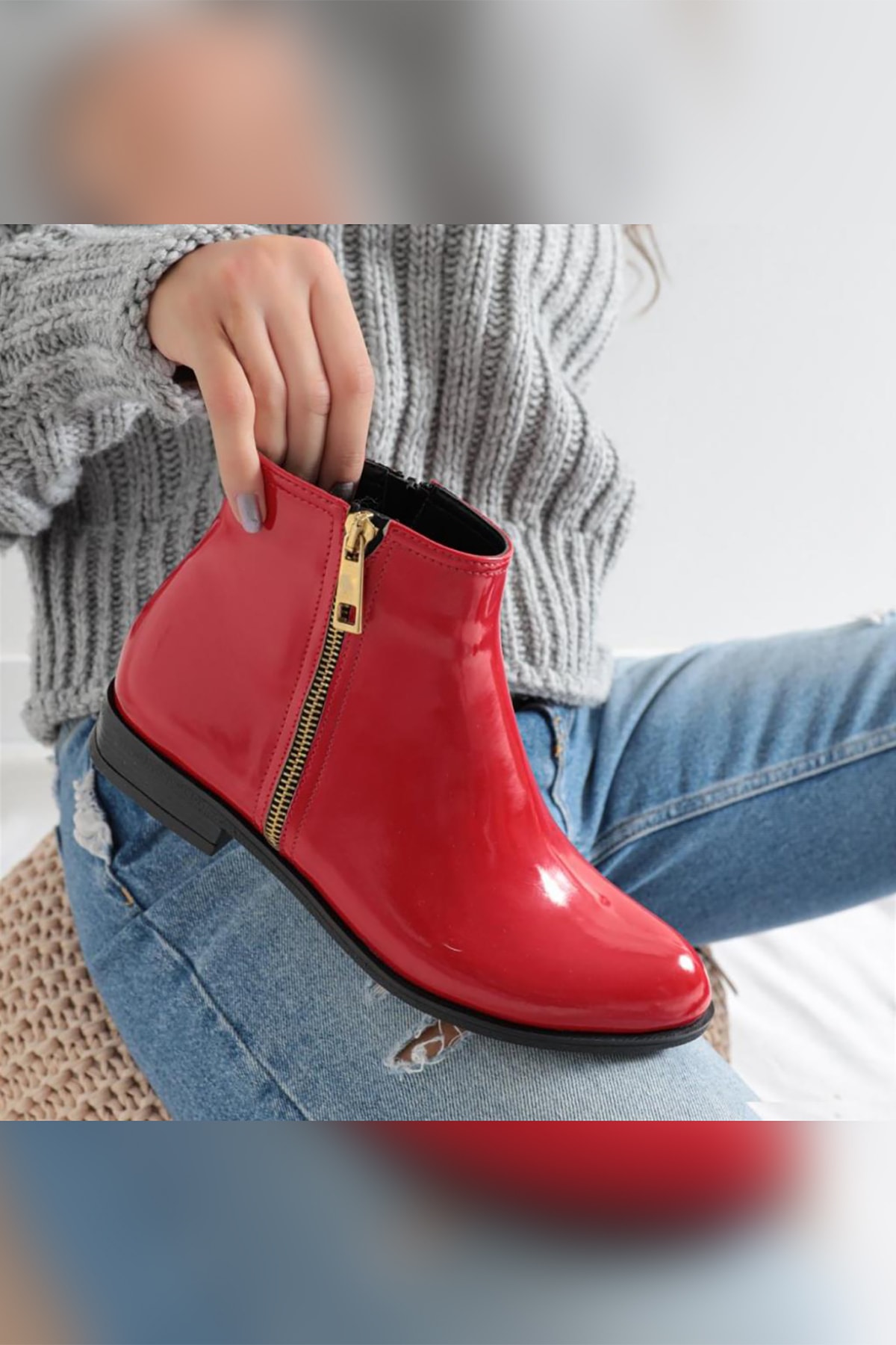 Limoya Amy Kırmızı Rugan Fermuar Detaylı Bot