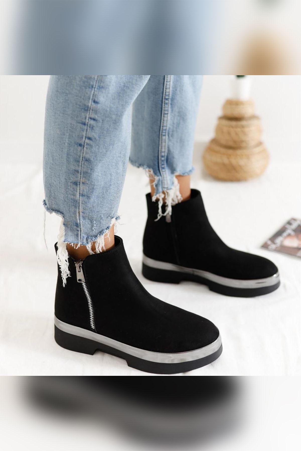 Limoya Katelyn Siyah Süet Fermuar Detaylı Kalın Tabanlı Casual Bot